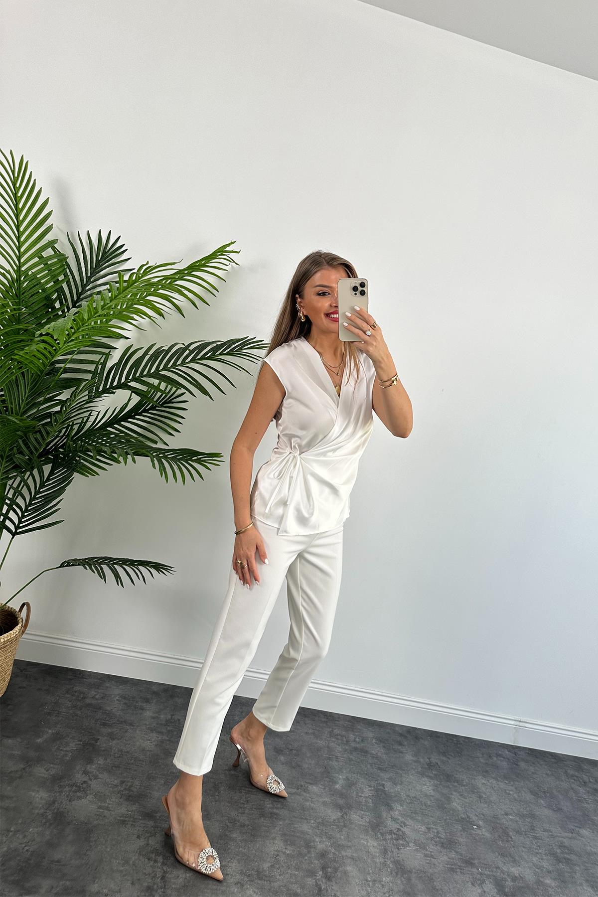 Lüx Kalite İPek Saten Kruvaze Bluz Beyaz - Nişantaşı Butika