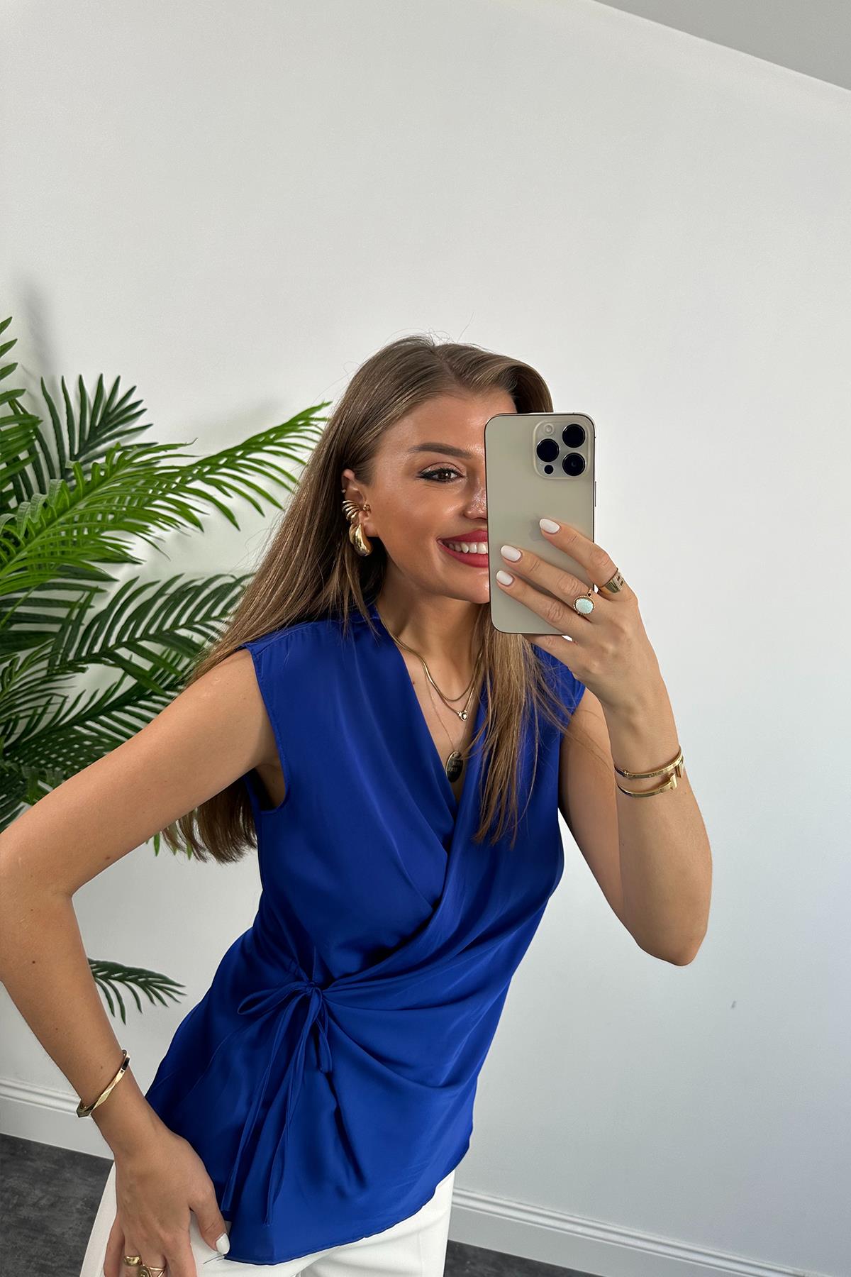 Lüx Kalite İPek Saten Kruvaze Bluz Sax - Nişantaşı Butika