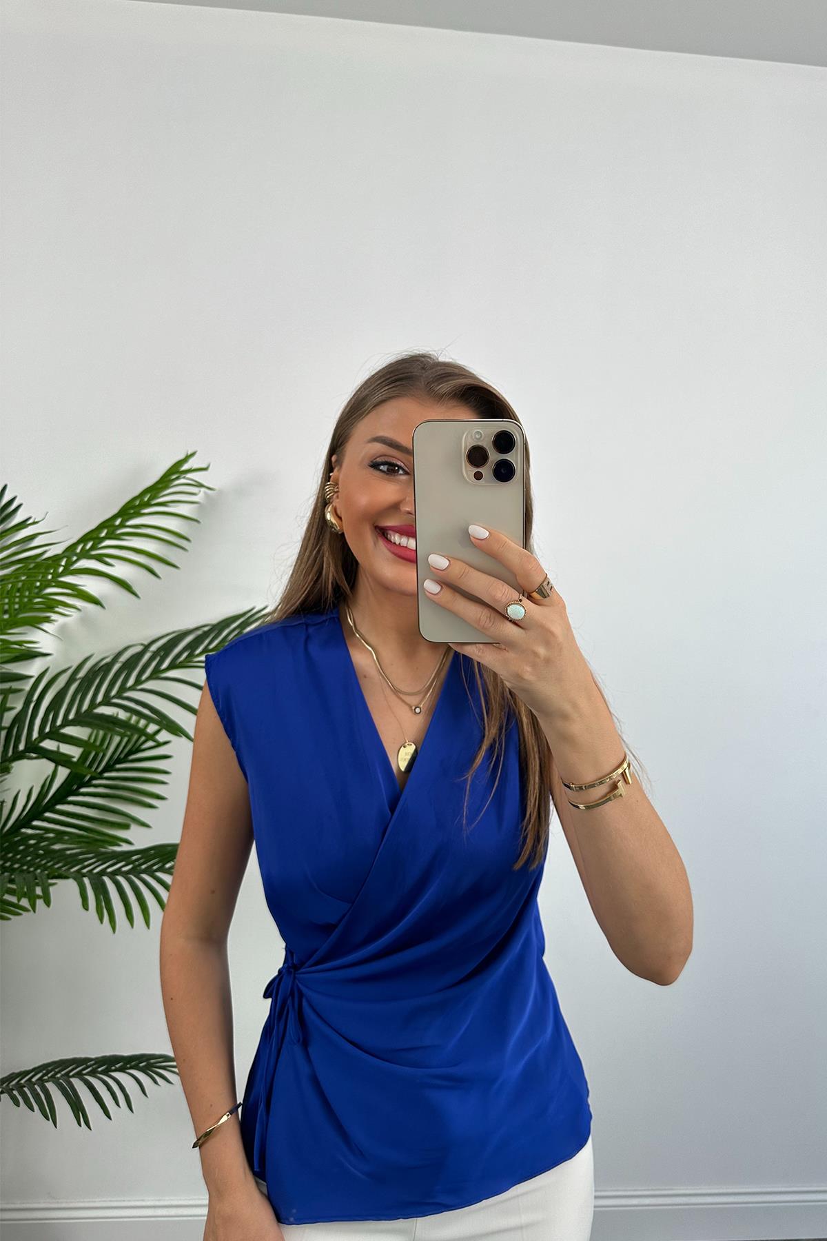 Lüx Kalite İPek Saten Kruvaze Bluz Sax - Nişantaşı Butika