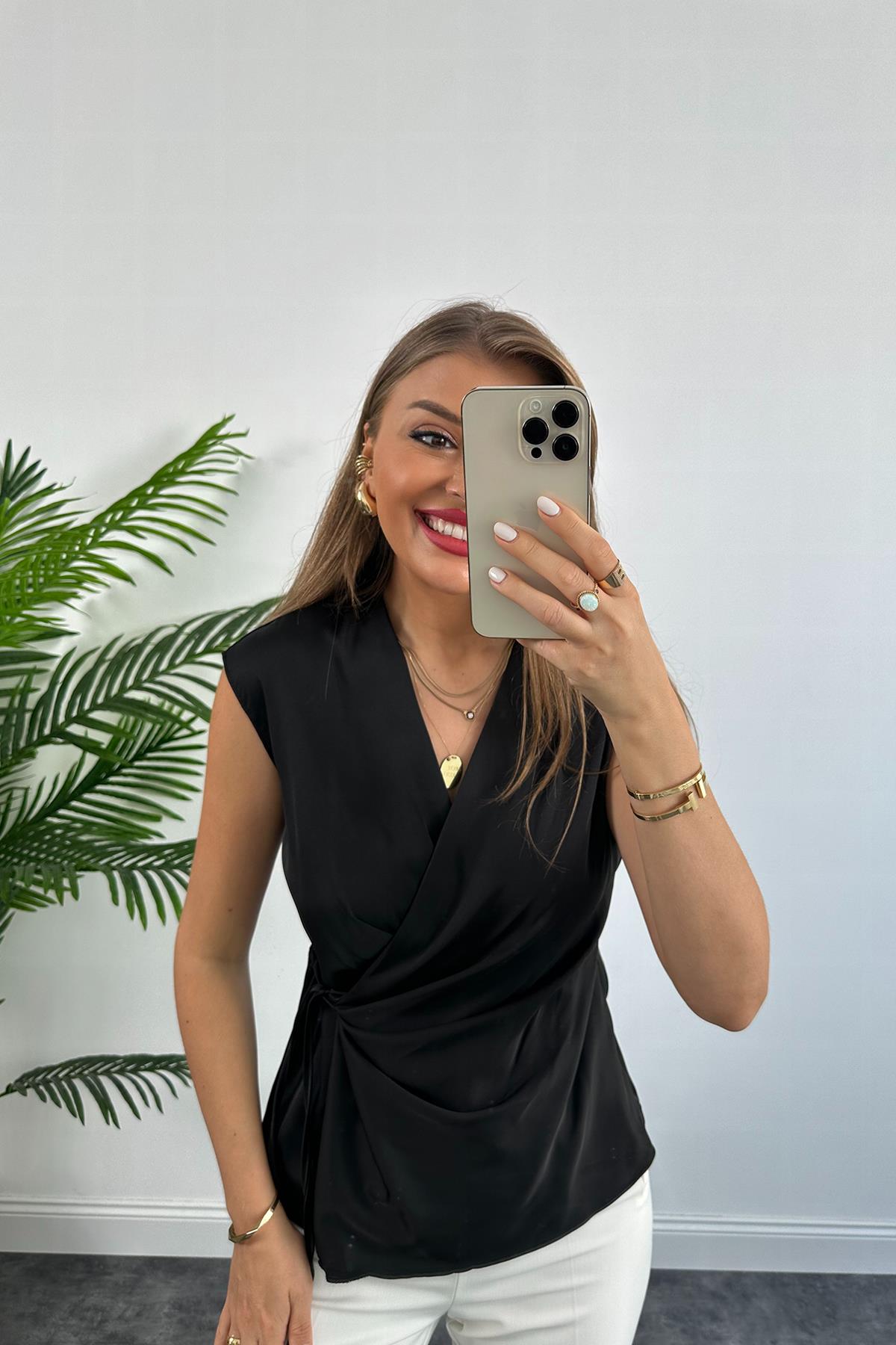 Lüx Kalite İPek Saten Kruvaze Bluz Siyah - Nişantaşı Butika