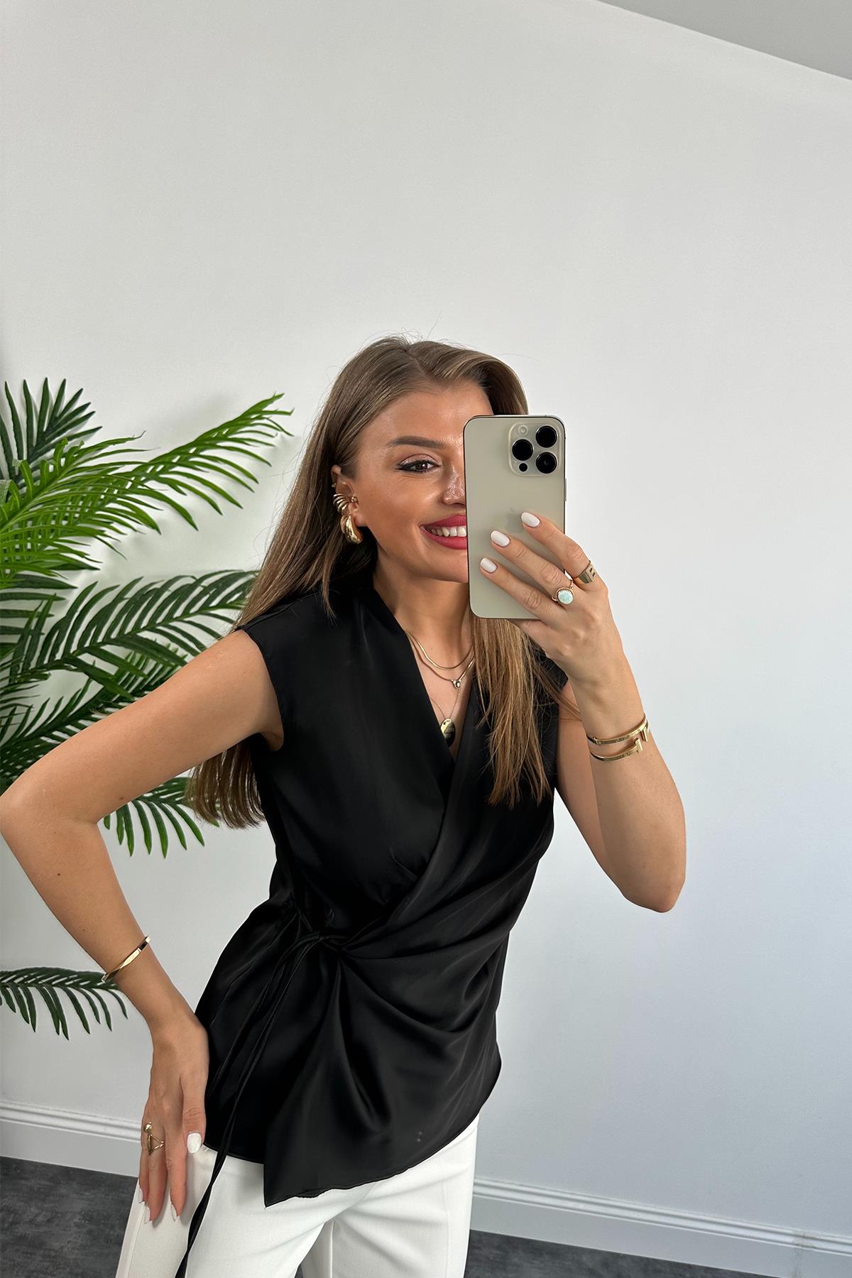 Lüx Kalite İPek Saten Kruvaze Bluz Siyah - Nişantaşı Butika