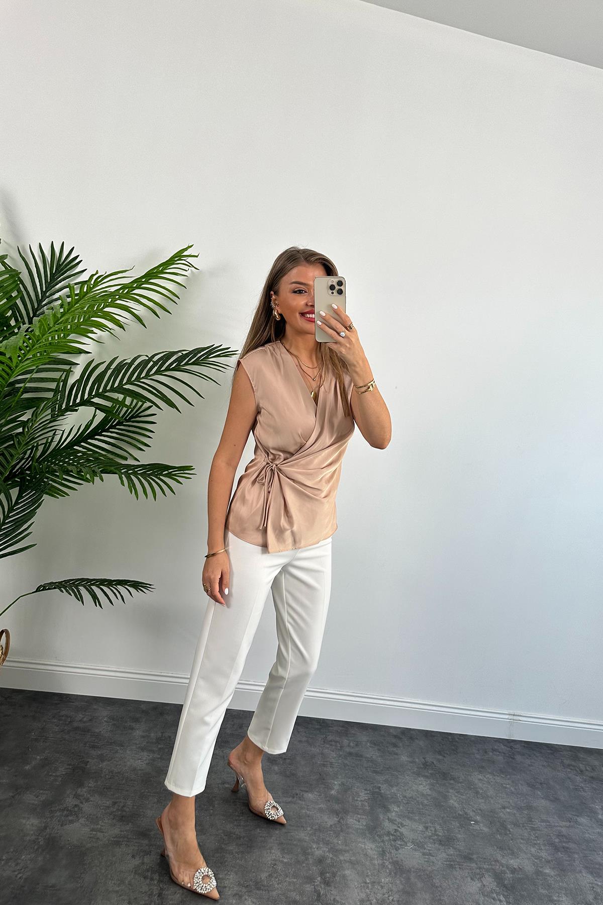 Lüx Kalite İpek Saten Kruvaze Bluz Vizon - Nişantaşı Butika