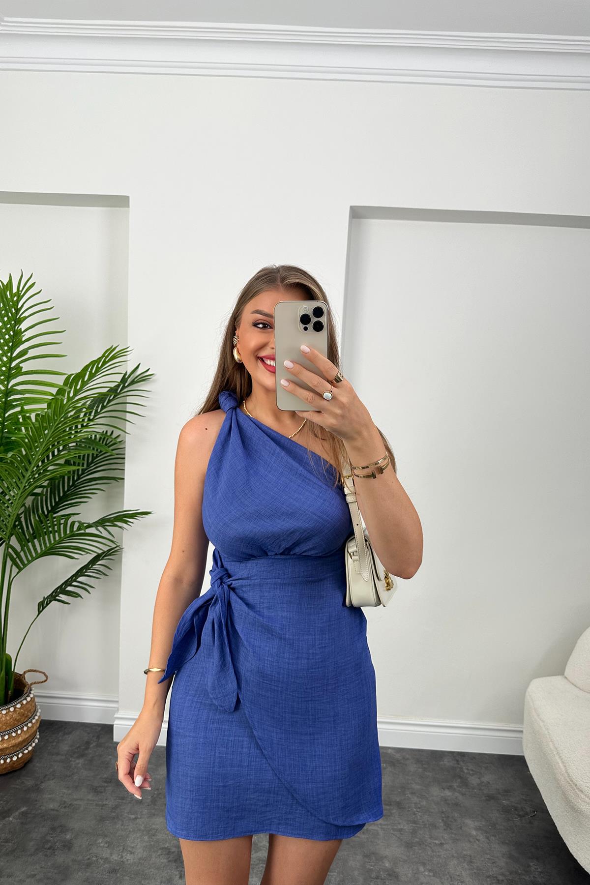 Lüx Kalite Tek Omuz Helen Model Anvelop Keten Elbise Koyu İndigo Mavi ...