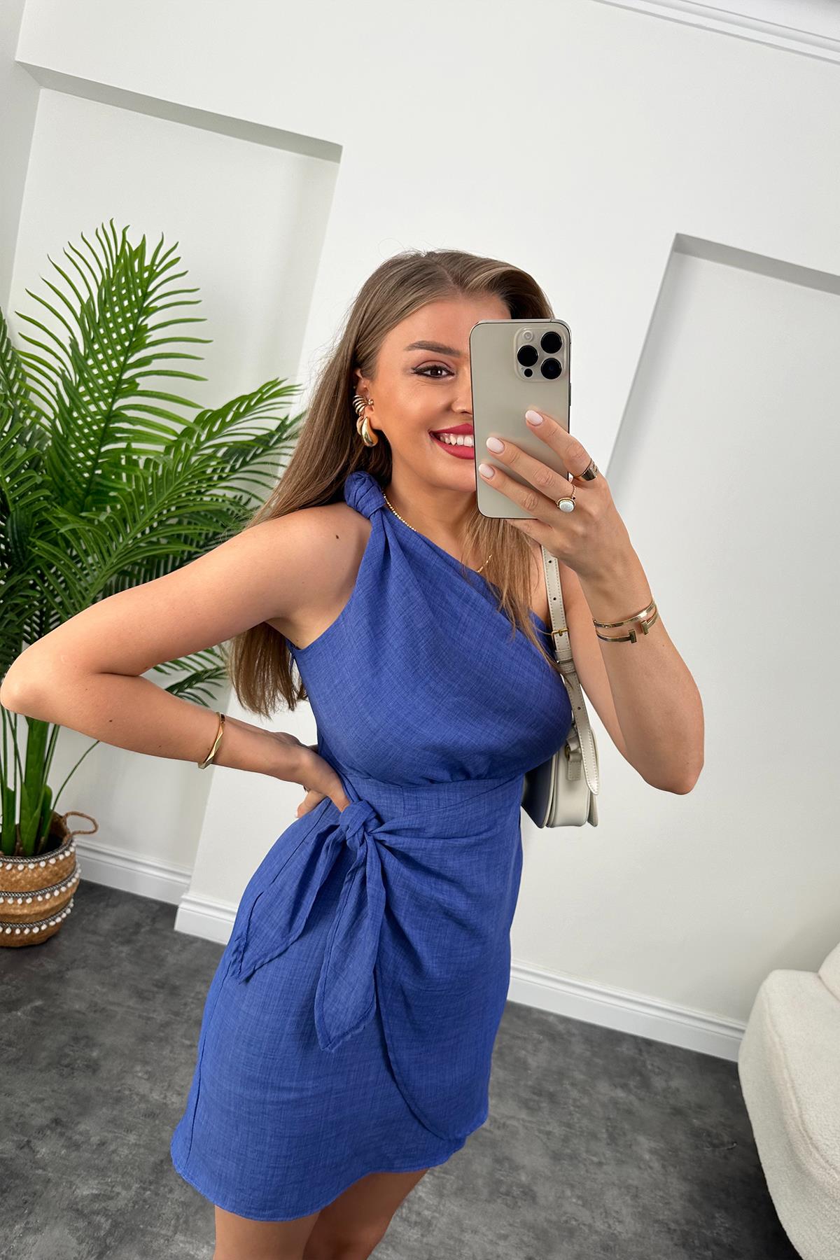 Lüx Kalite Tek Omuz Helen Model Anvelop Keten Elbise Koyu İndigo Mavi ...