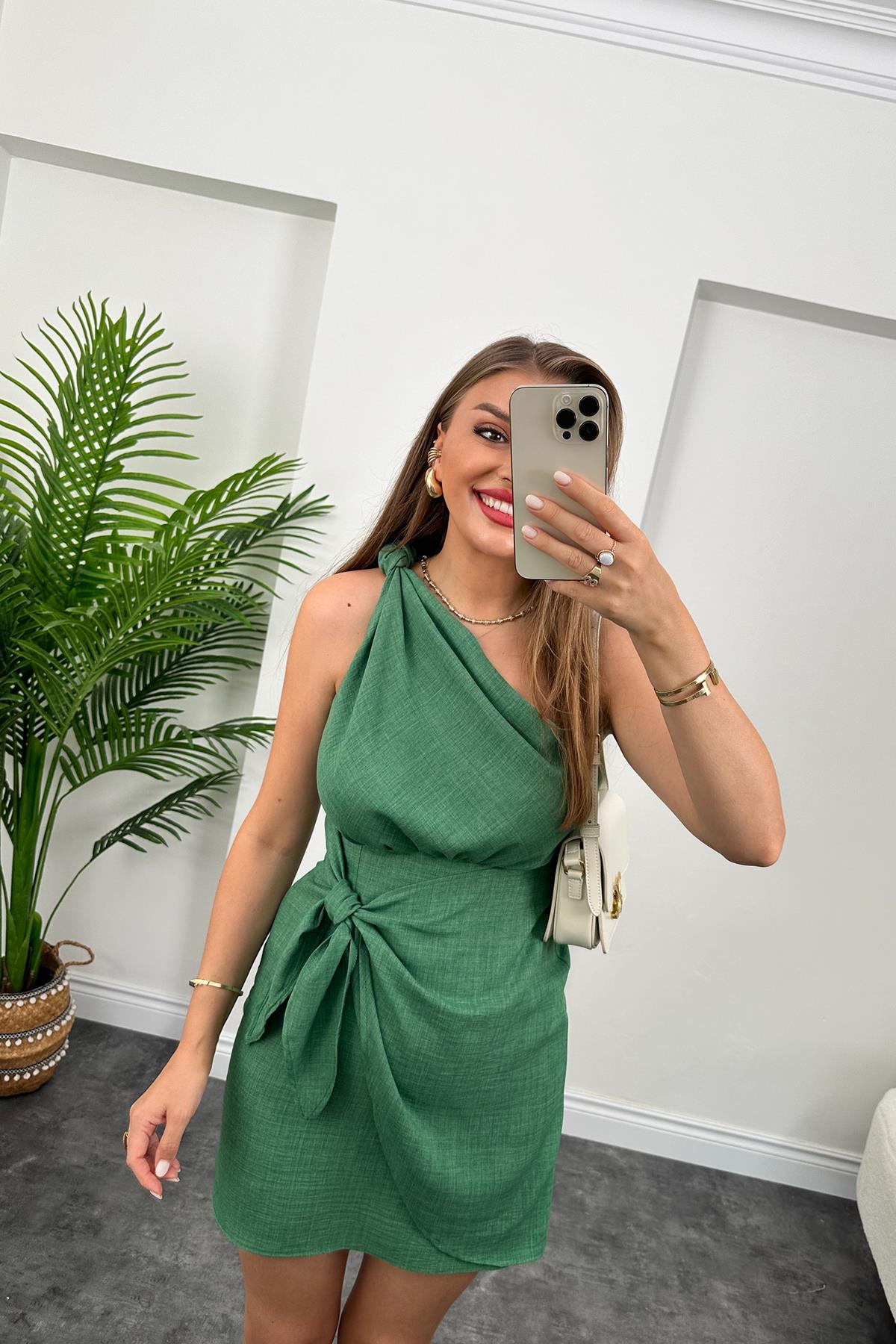 Lüx Kalite Tek Omuz Helen Model Anvelop Keten Elbise Yeşil - Nişantaşı ...