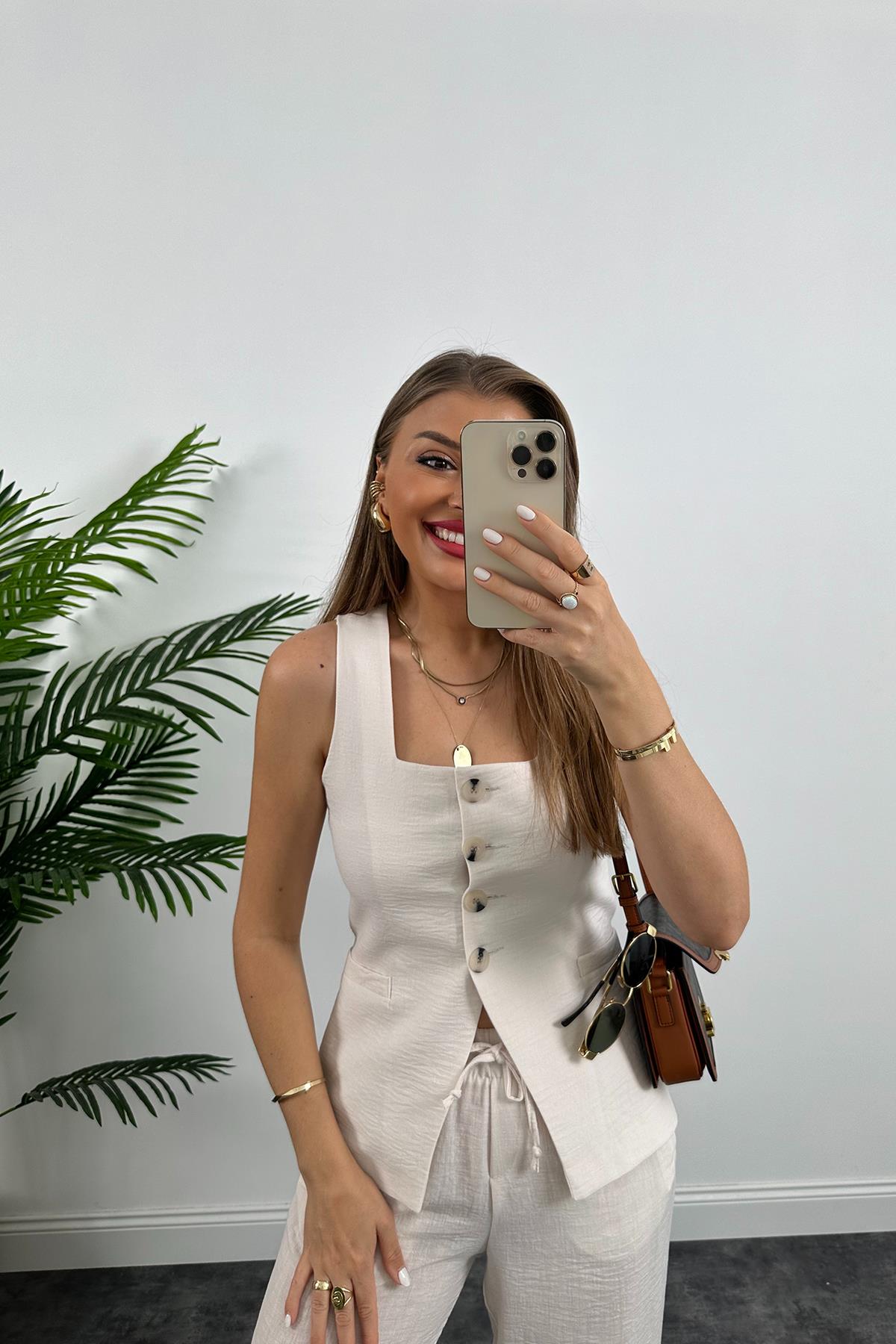 Lüx Kalite Yelek Palazzo Keten Takım Ekru - Nişantaşı Butika