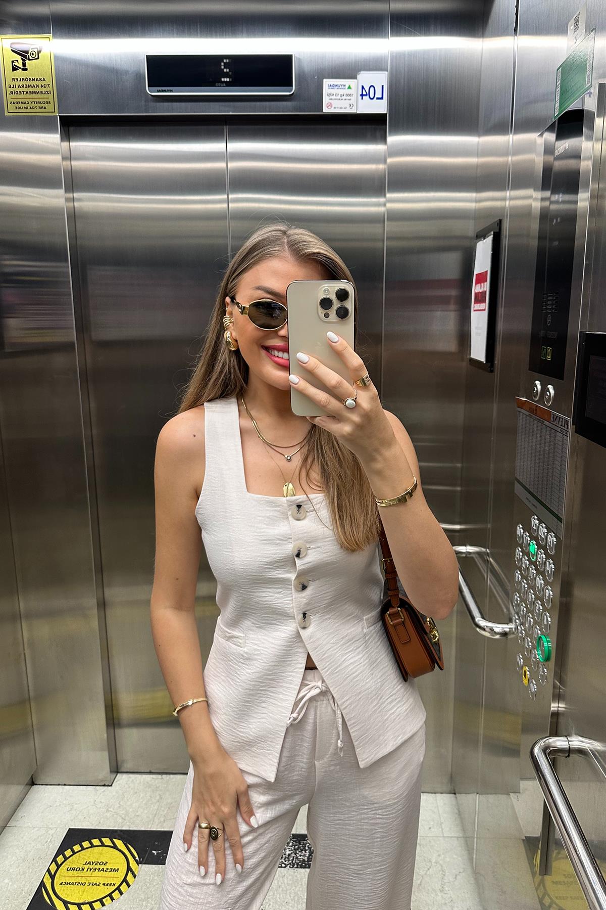 Lüx Kalite Yelek Palazzo Keten Takım Ekru - Nişantaşı Butika