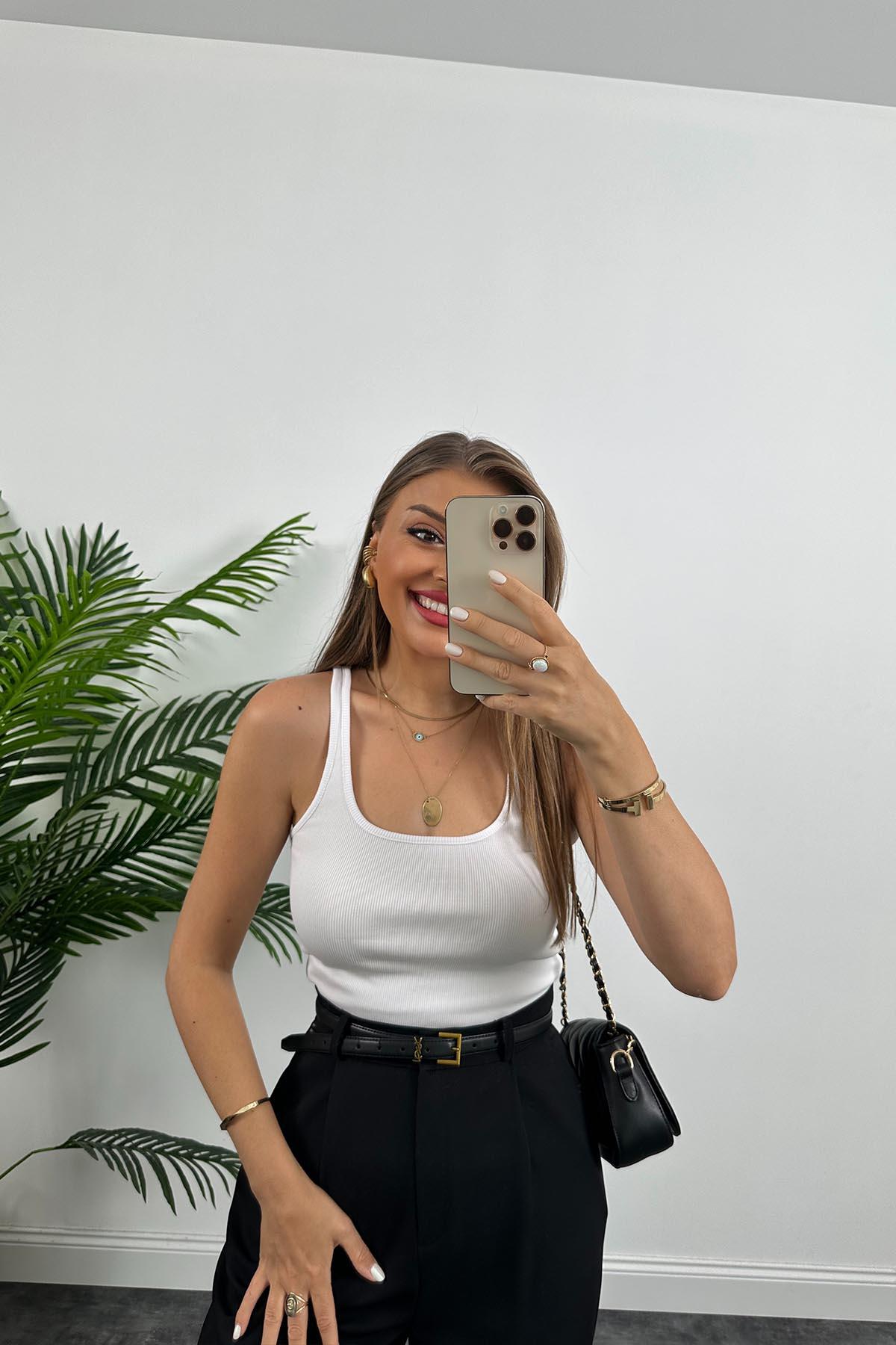 Premium Kalite Tam Pamuklu U Yaka Uzun Boy Atlet Beyaz - Nişantaşı Butika