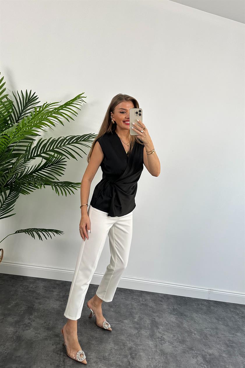 Lüx Kalite İpek Saten Kruvaze Bluz Siyah – Nişantaşı Butika’da