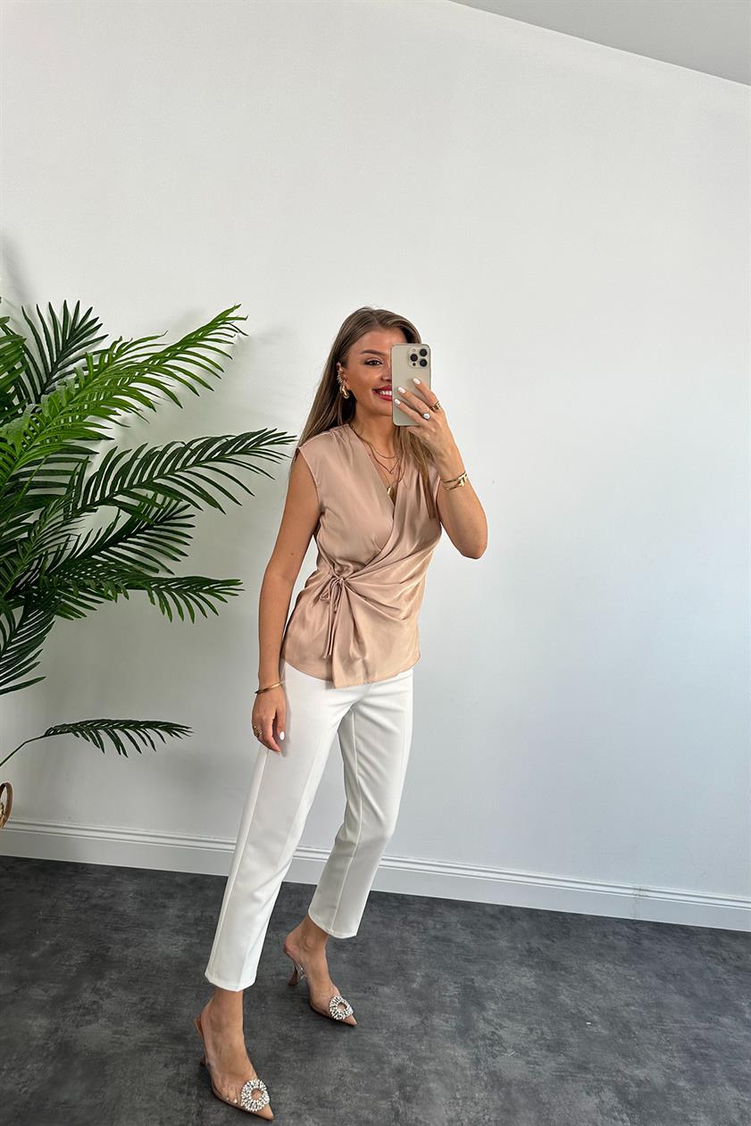 Lüx Kalite İpek Saten Kruvaze Bluz Vizon - Nişantaşı Butika