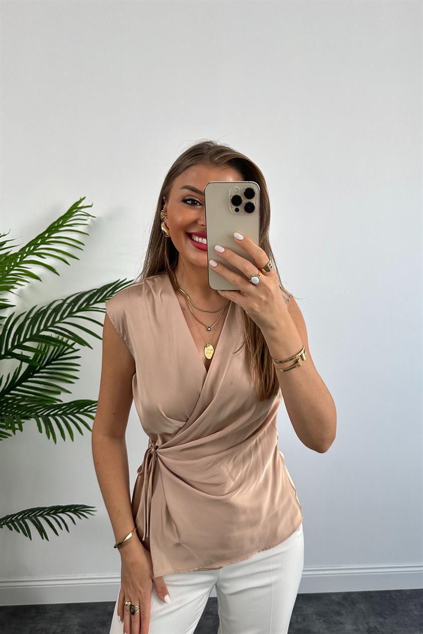Lüx Kalite İpek Saten Kruvaze Bluz Vizon - Nişantaşı Butika