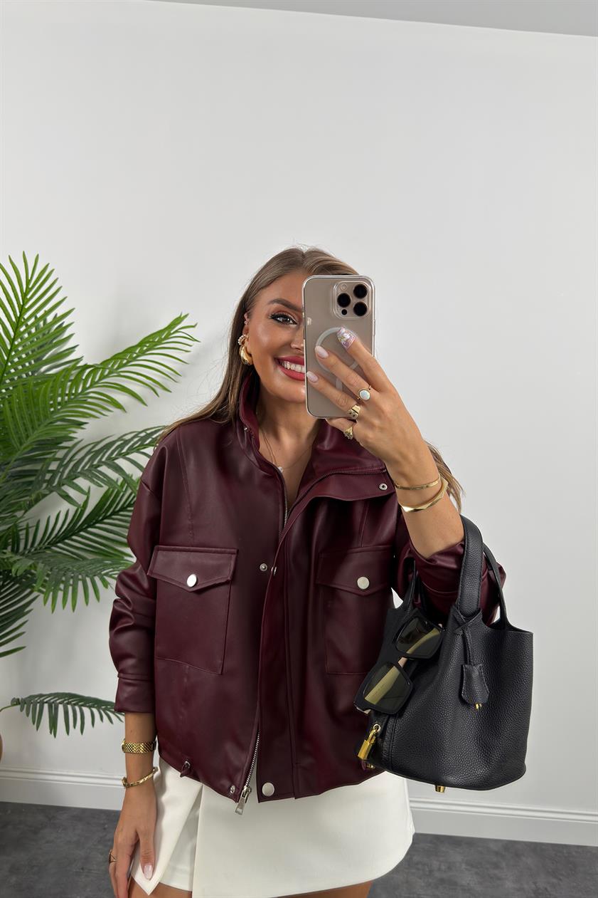 Marka Model Dik Yaka Deri Ceket Bordo - Nişantaşı Butika'da