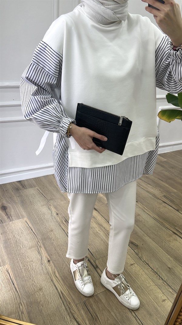 Beyaz - Kurdele Detaylı Takım