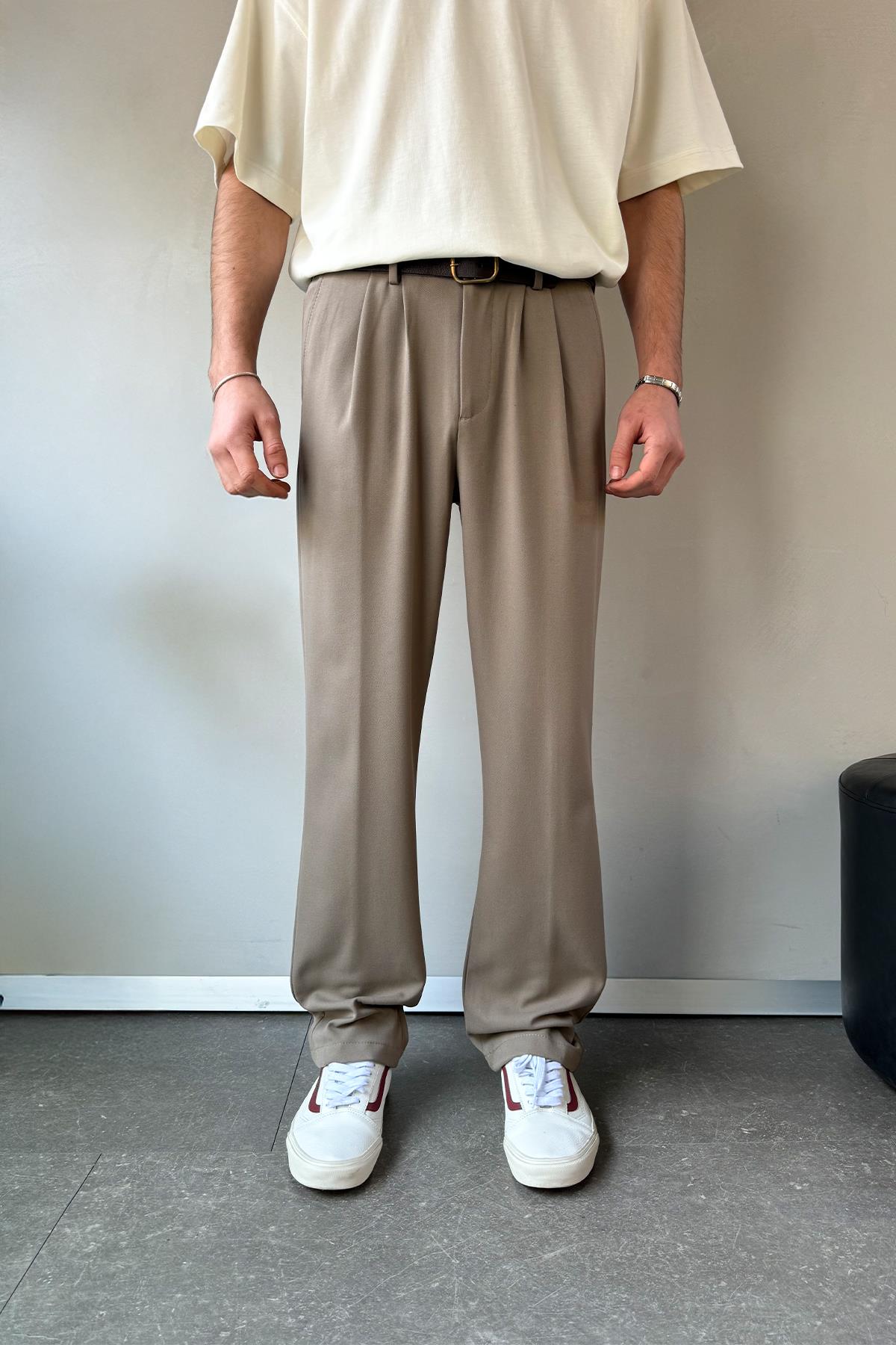 Çift Pileli Relaxed Vizon Kumaş Pantolon