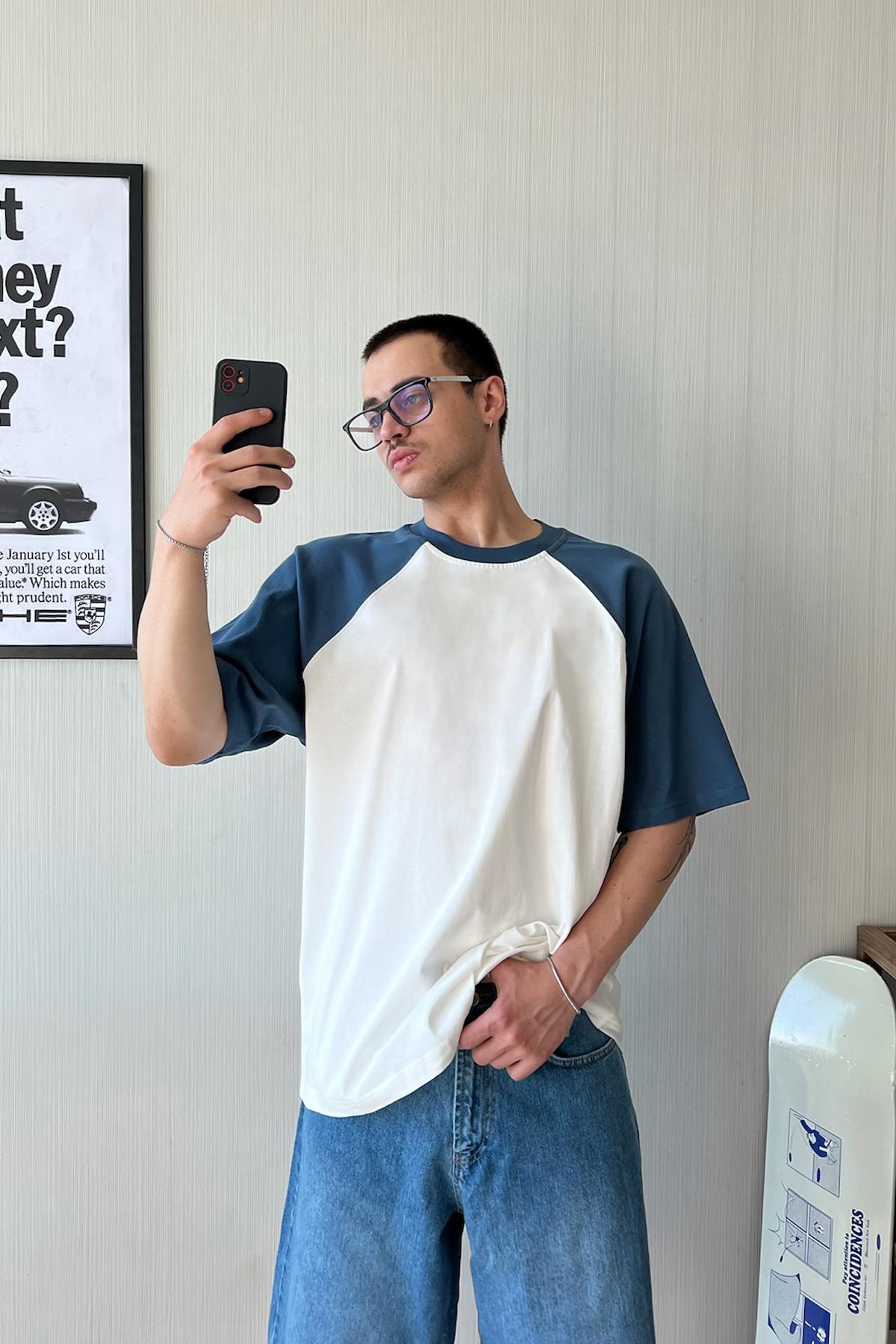 Reglan Kol İndigo Oversize Tişört