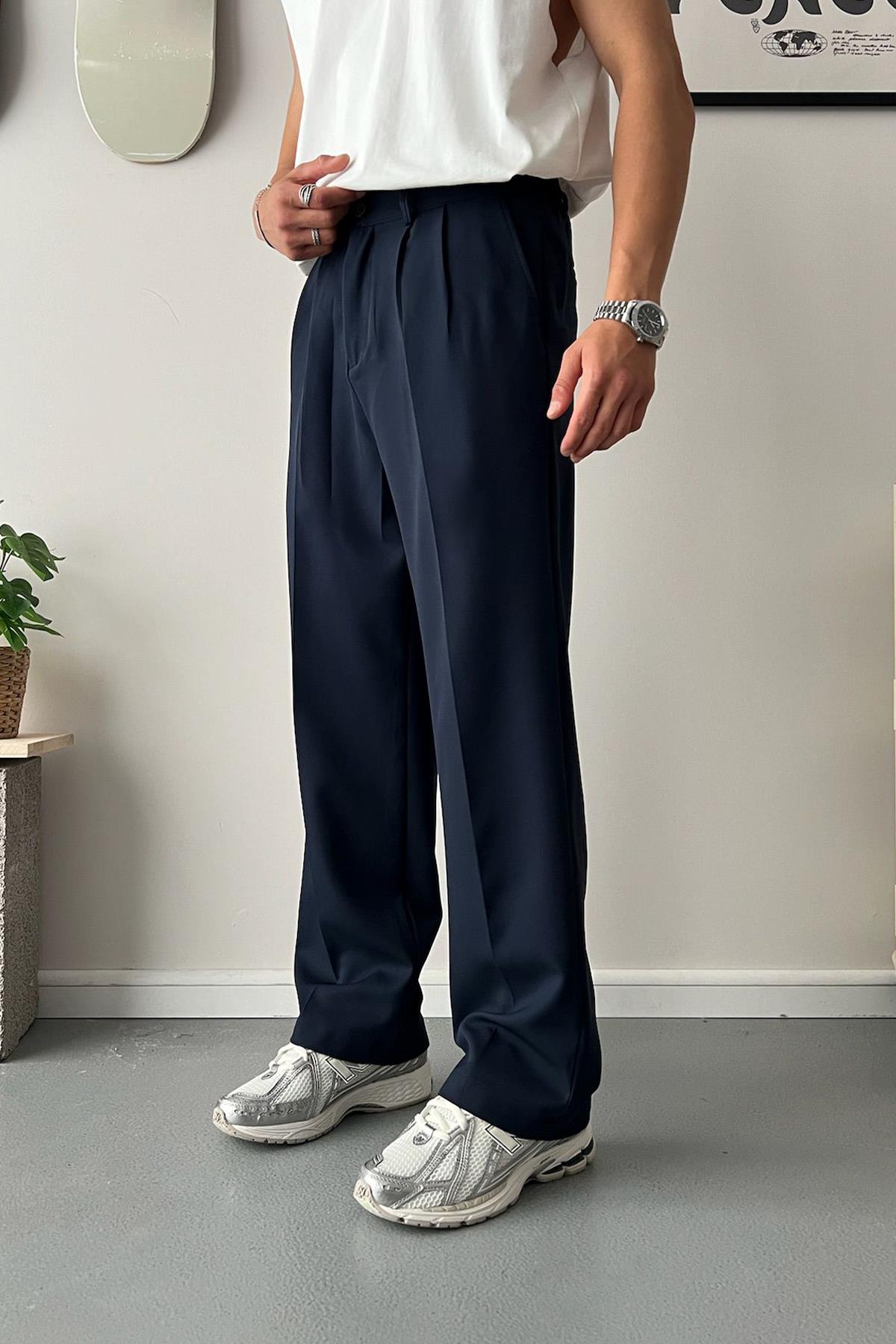 Old Money Extra Rahat Baggy Fit Lacivert Kumaş Pantolon