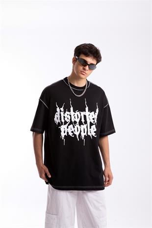 Siyah Distorted People Baskılı Tişört - Flaw Wear