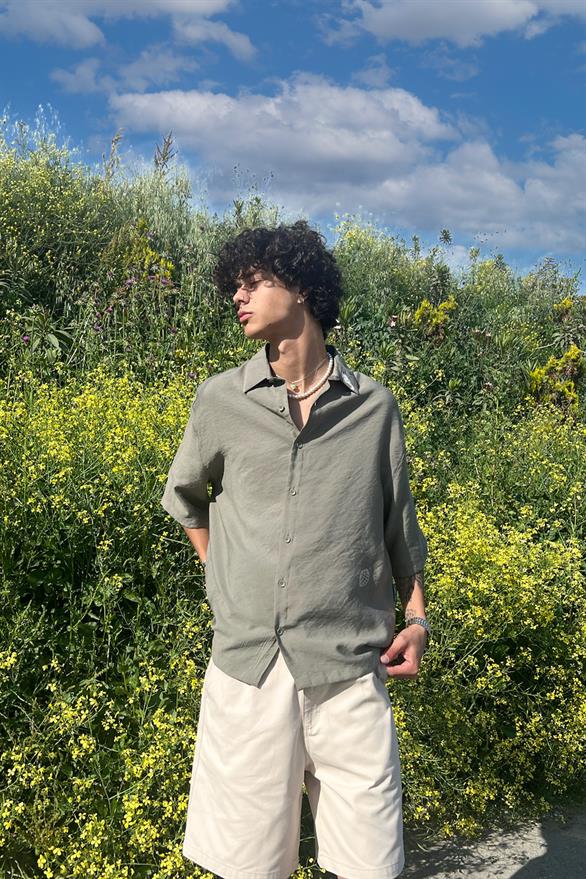 Summer Wind Nakışlı Haki Kısa Kol Oversize Gömlek