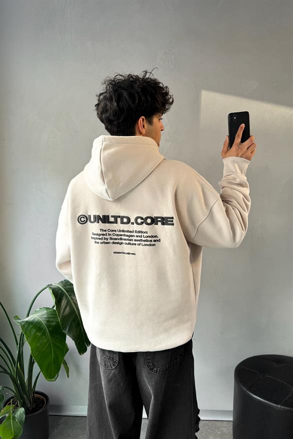 Unltd Core Baskılı Oversize Bej Hoodie