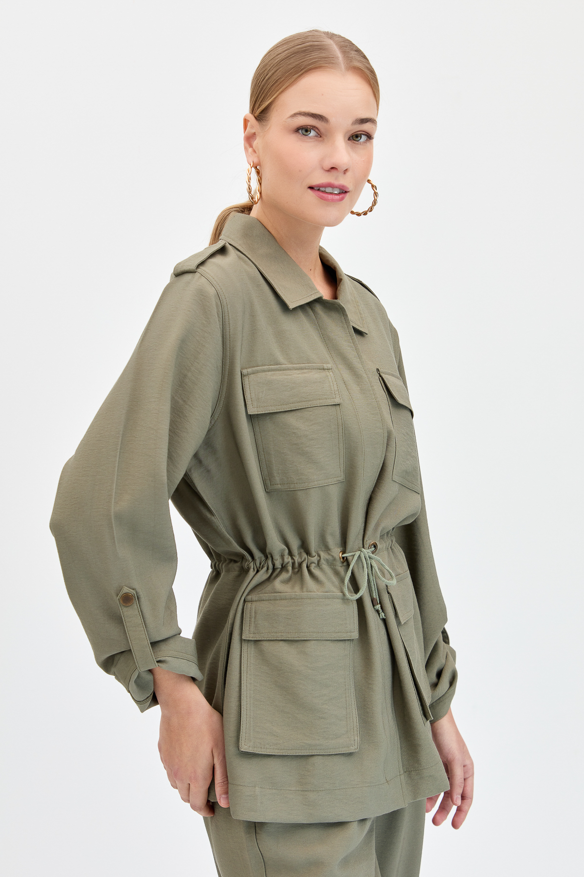 Kadın Safari Model Keten Ceket Haki DESEN TRİKO