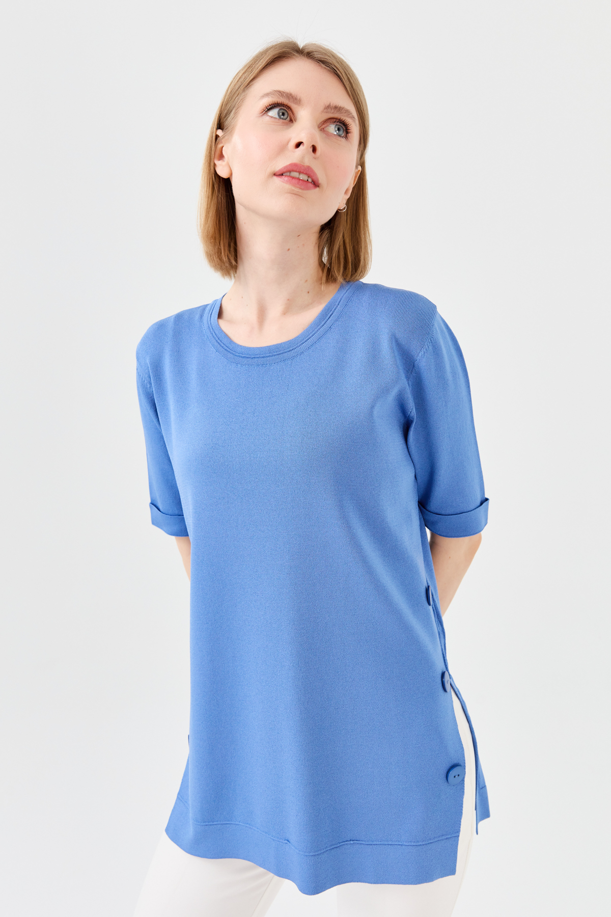 Kadın Sıfır Yaka Yazlık Triko Bluz Mavi DESEN TRİKO