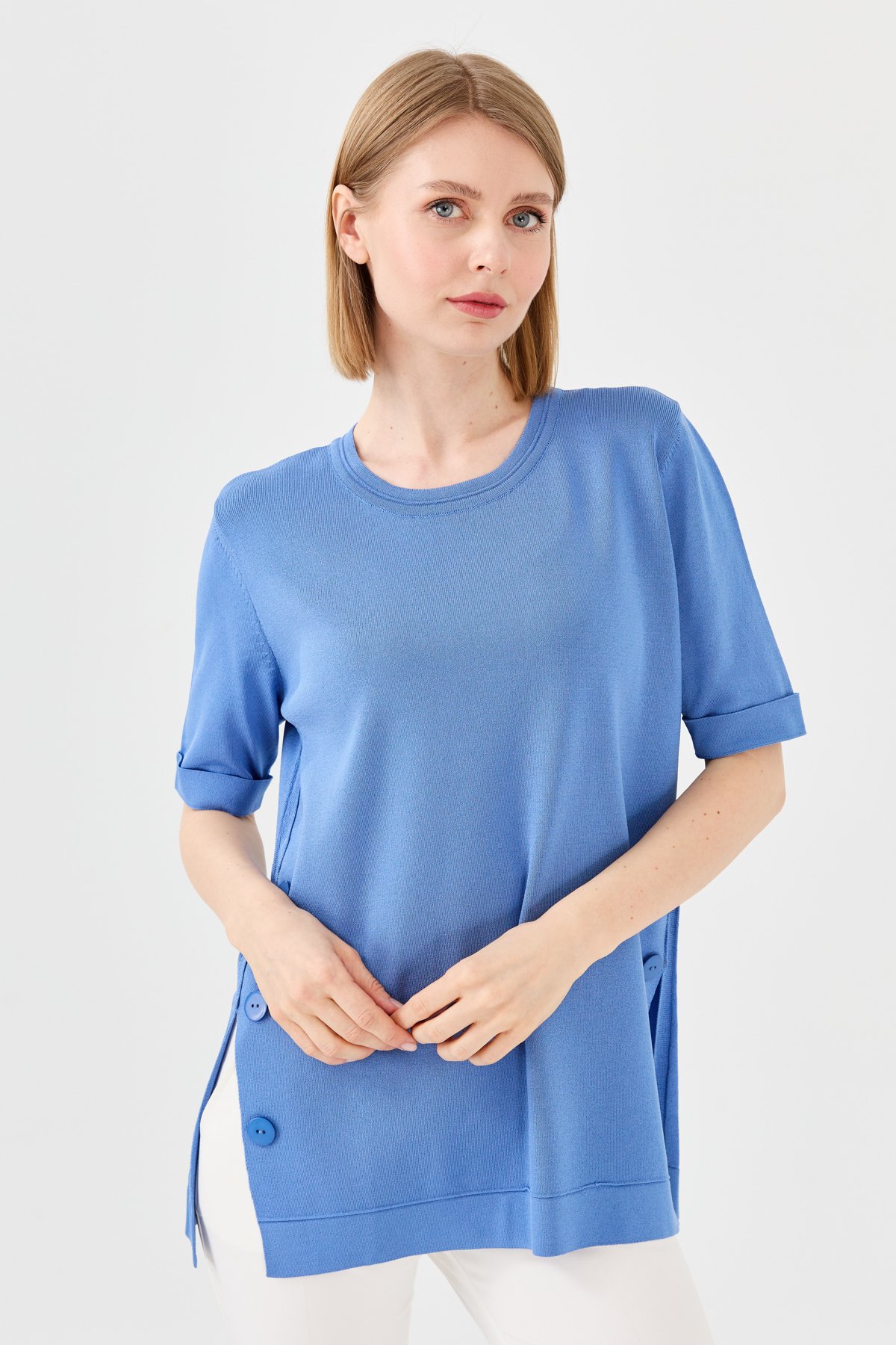 Kadın Sıfır Yaka Yazlık Triko Bluz Mavi DESEN TRİKO