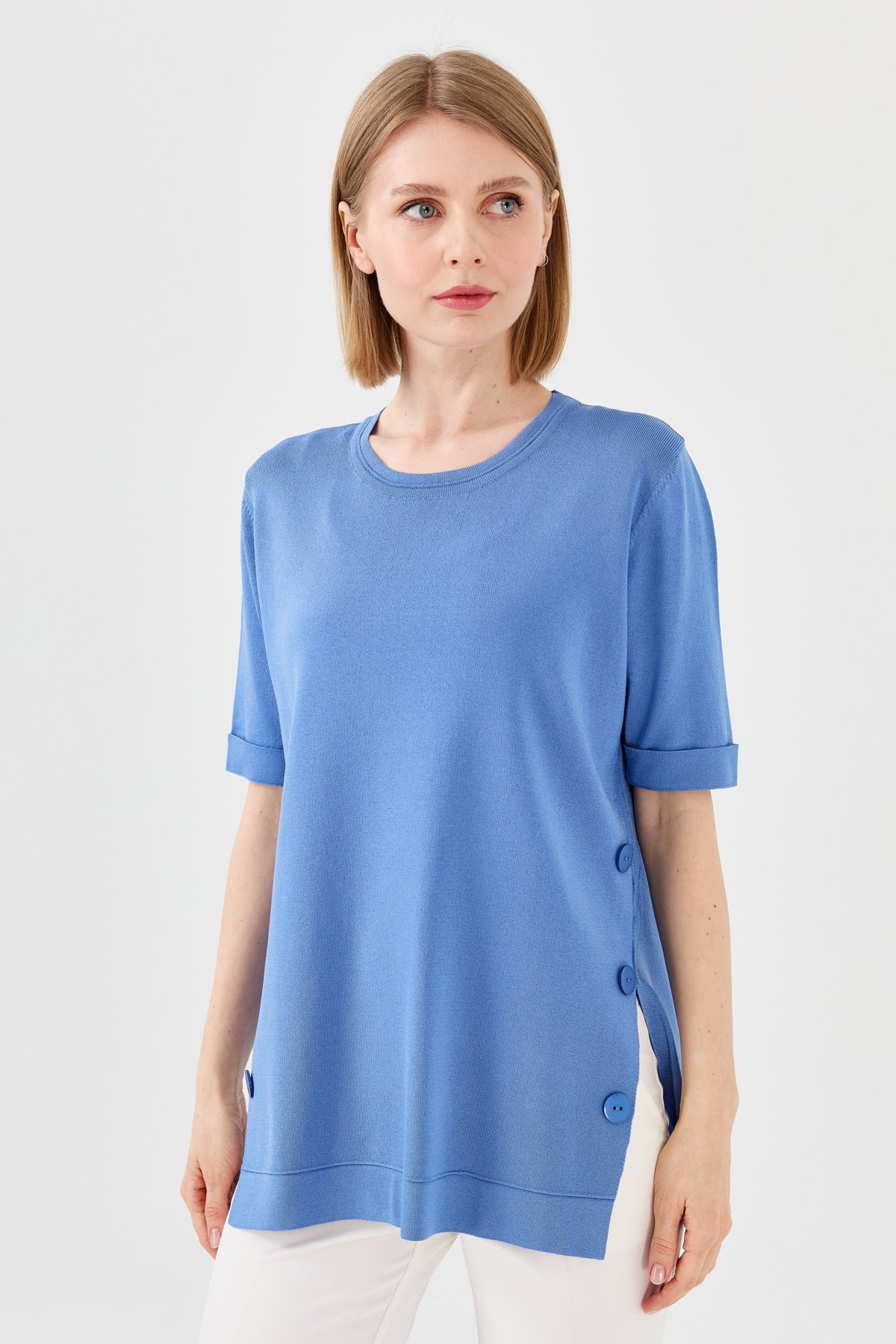 Kadın Sıfır Yaka Yazlık Triko Bluz Mavi DESEN TRİKO