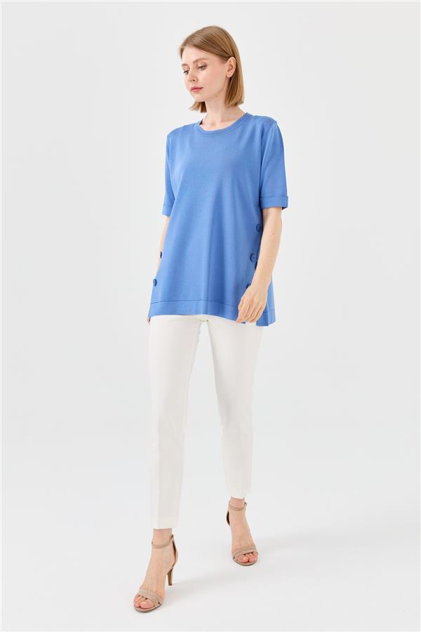 Kadın Sıfır Yaka Yazlık Triko Bluz Mavi DESEN TRİKO