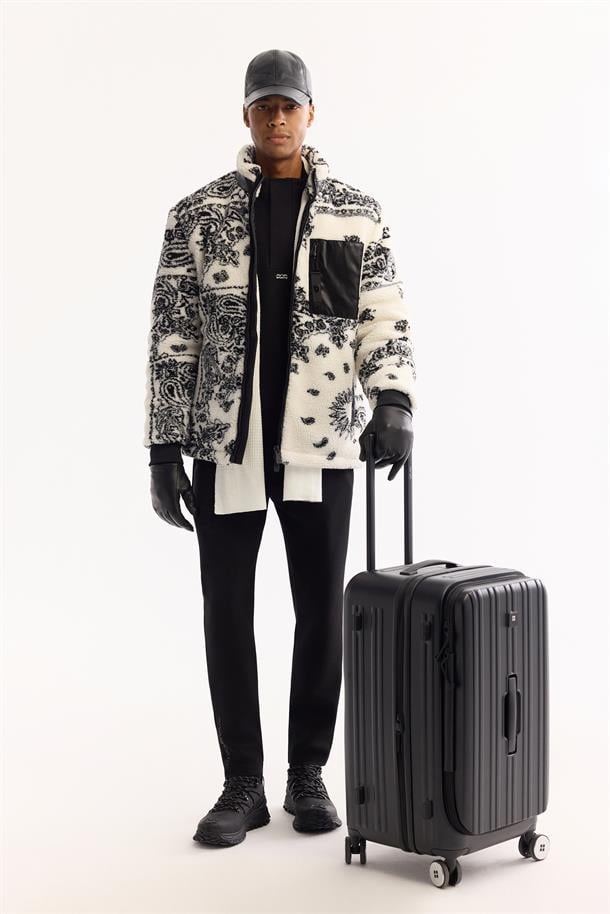 Beyaz Dik Yaka Peluş PU Detaylı Mont