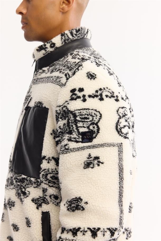 Beyaz Dik Yaka Peluş PU Detaylı Mont