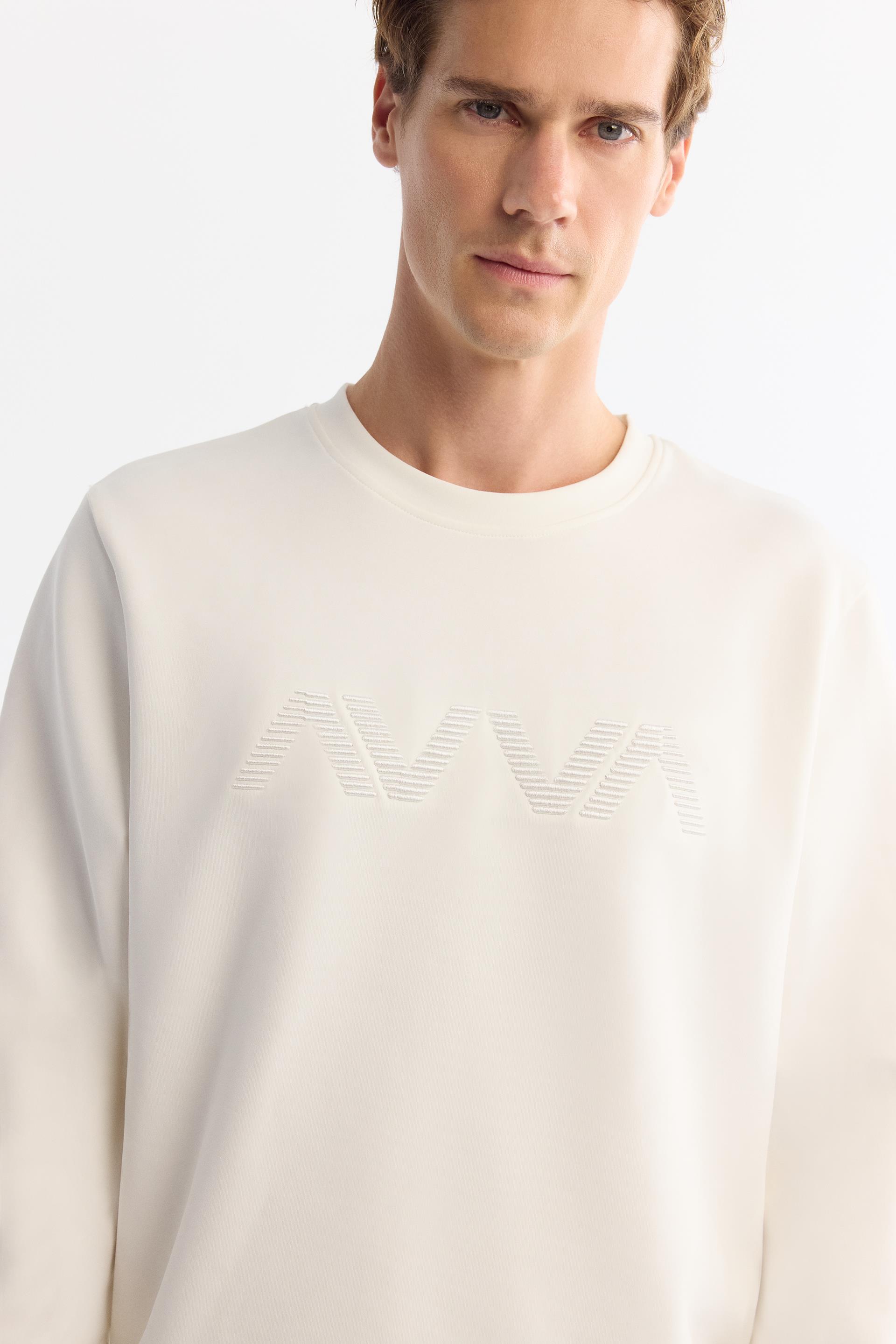 Ekru Bisiklet Yaka Pamuklu Baskılı Elastan Sweatshirt | AVVA