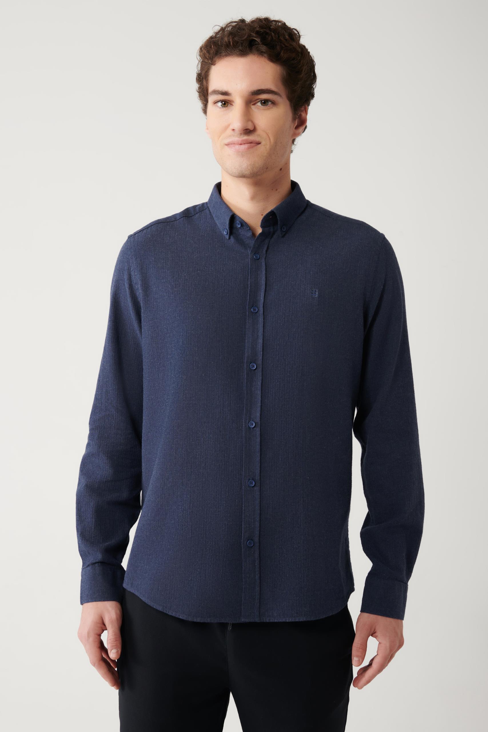 Lacivert Düğmeli Yaka %100 Pamuk Gömlek | AVVA