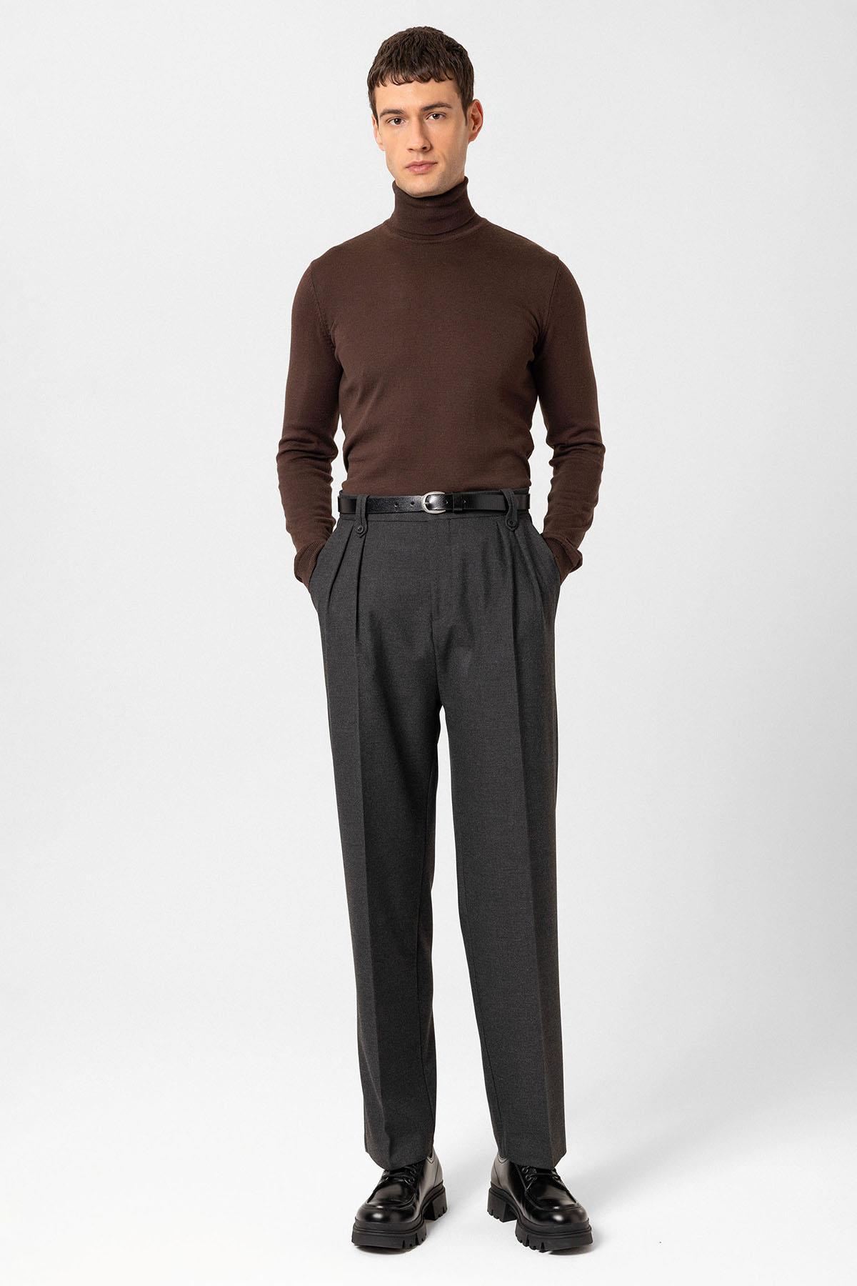 Antrasit Çift Pileli Yüksek Bel Erkek Pantolon - Antioch