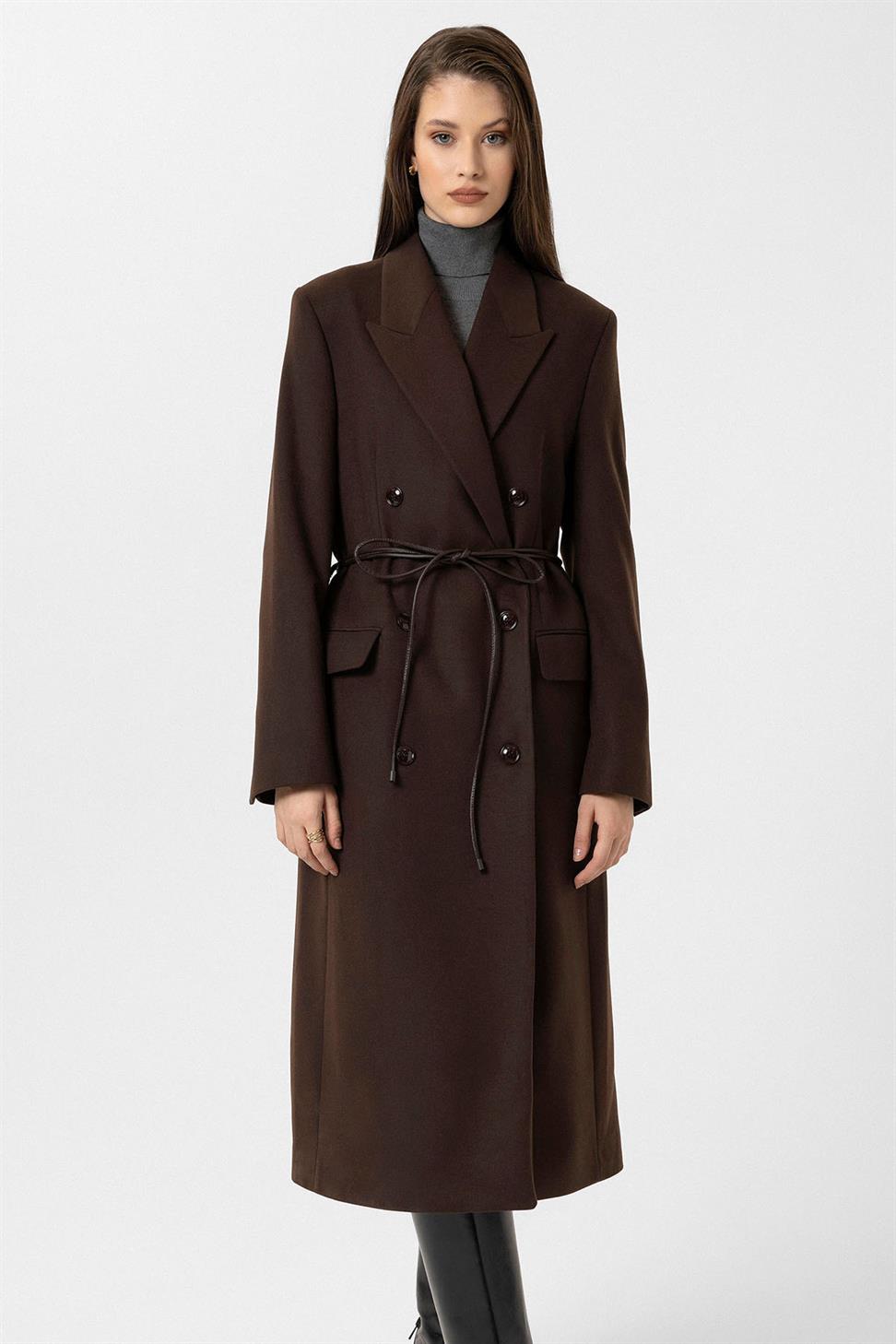 Kahve Kadın Kemerli Kruvaze Kaban - Antioch