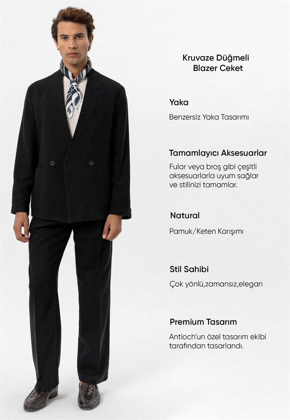 Siyah Keten Karışımlı Kruvaze Düğmeli Erkek Blazer Ceket Siyah Keten Karışımlı Kruvaze Düğmeli Erkek Blazer Ceket