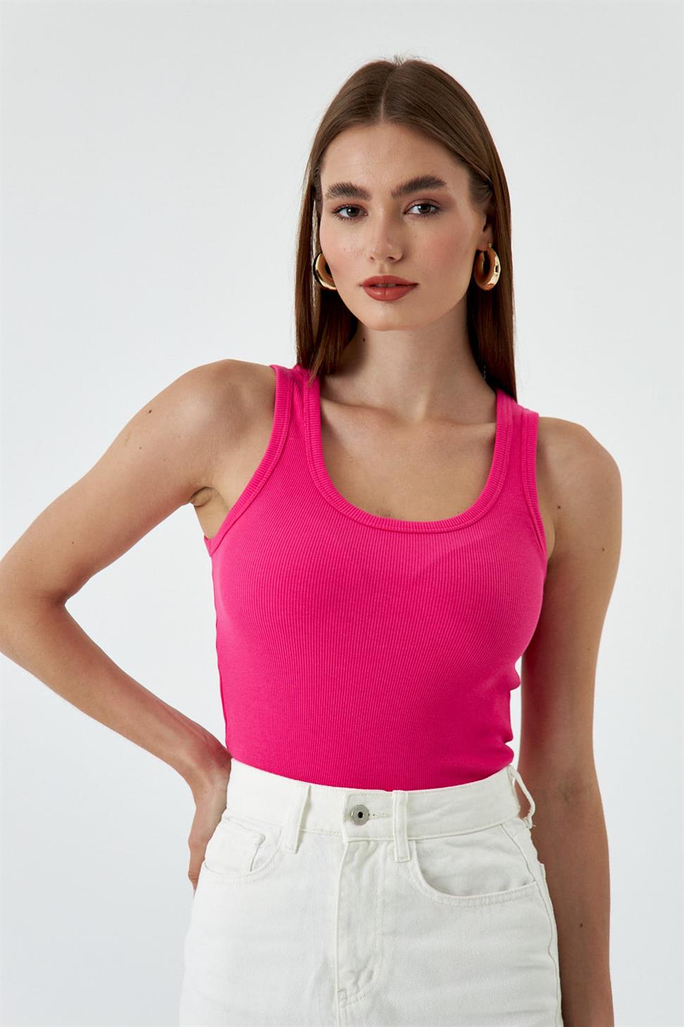 U Yaka Fitilli Fuşya Kadın Atlet | Tuba Butik