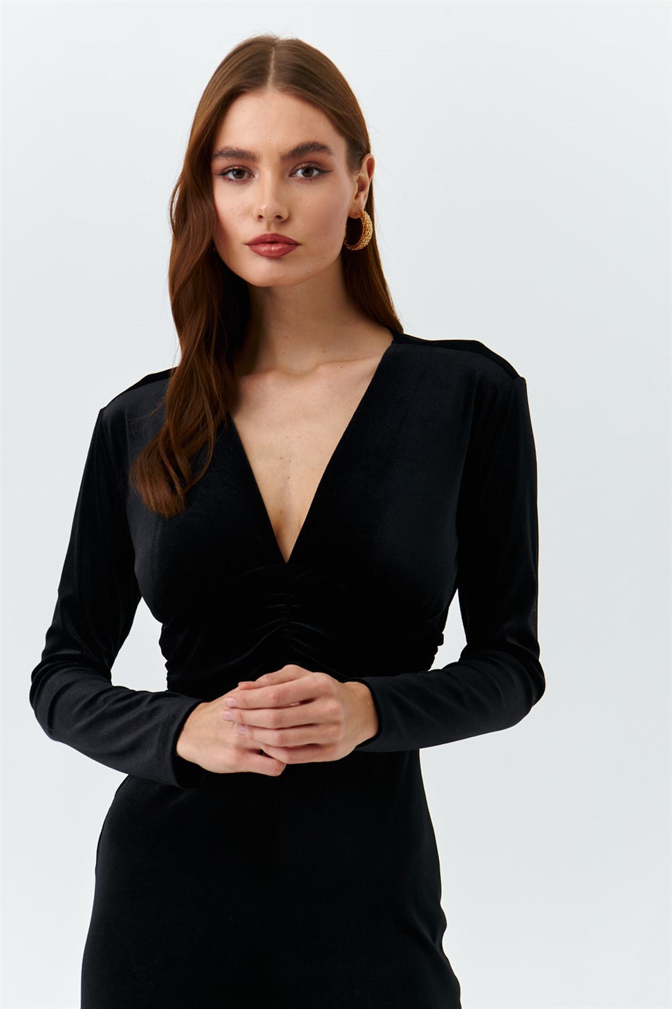 V Yaka Kadife Siyah Kadın Tulum | Tuba Butik