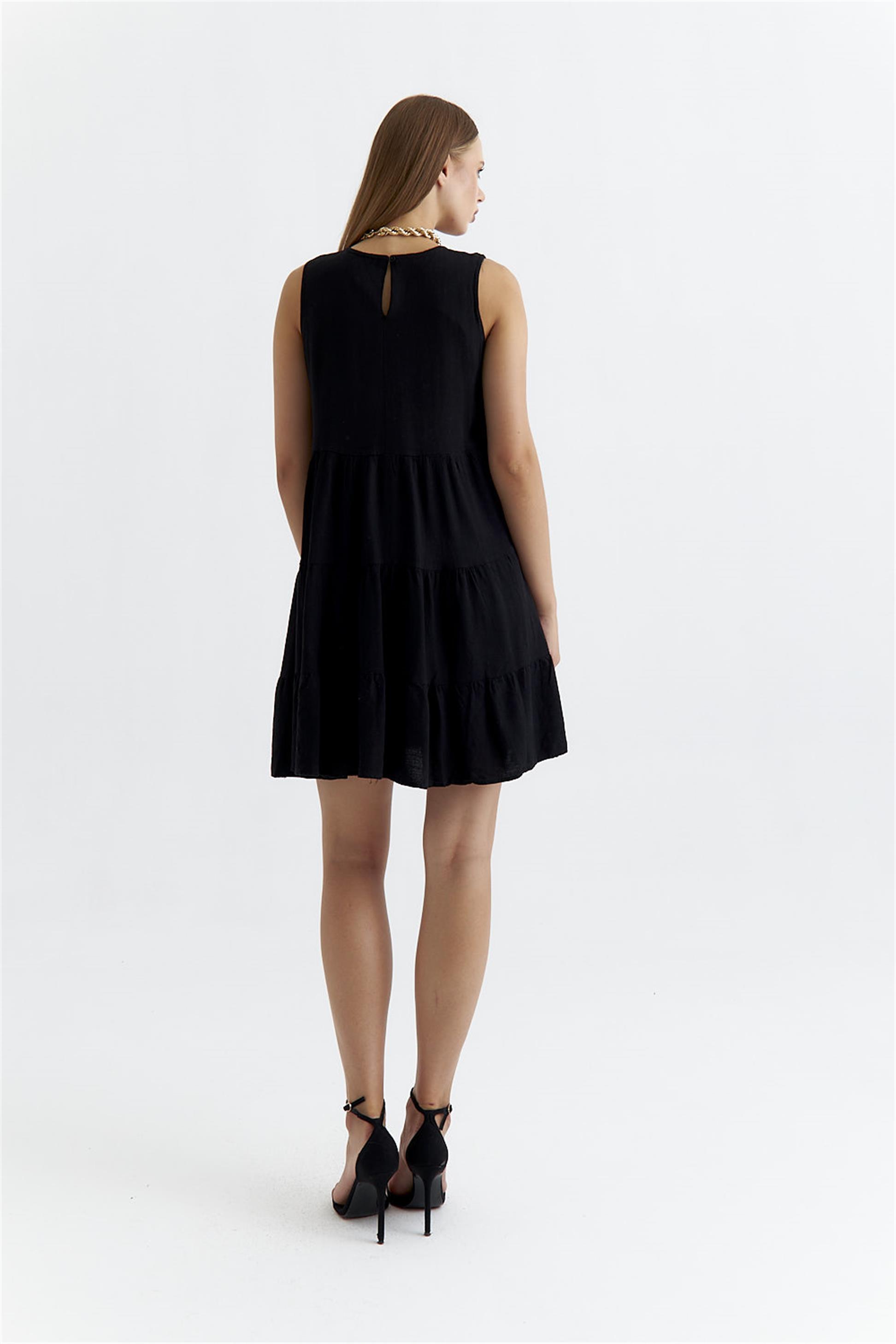 Siyah Askılı Katlı Mini Elbise - Tuba Butik