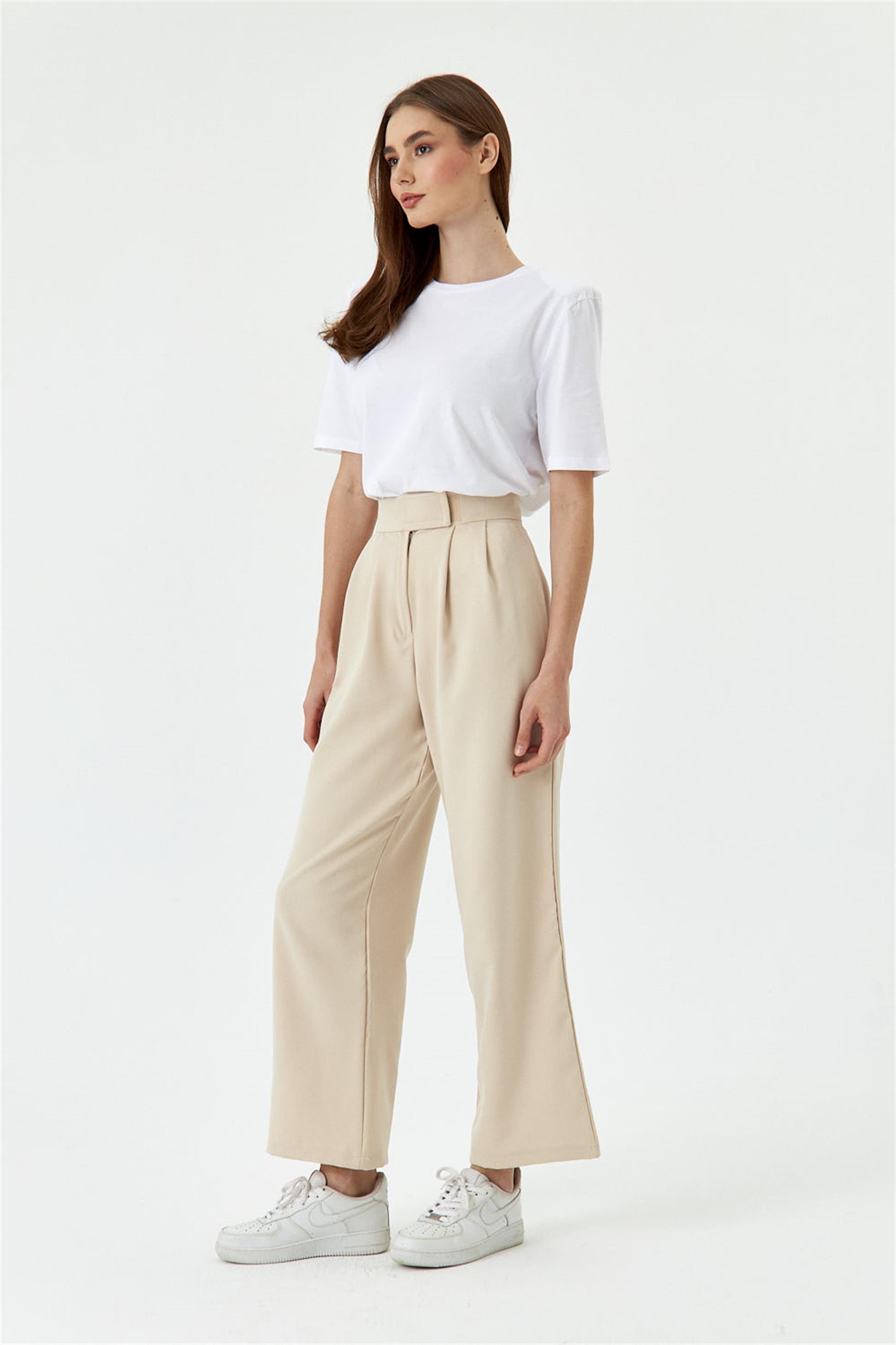 Cırt Detaylı Palazzo Bej Kadın Pantolon | Tuba Butik
