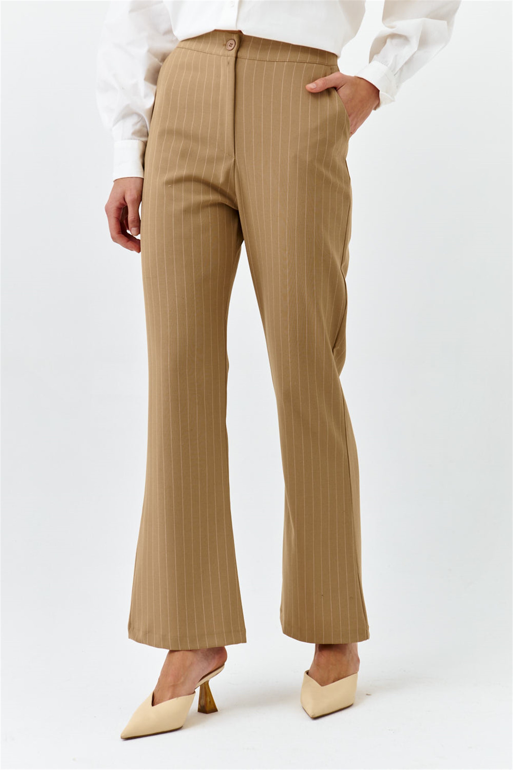 Bej Çizgili Blazer Ceket Pantolon Kadın Takım - Tuba Butik