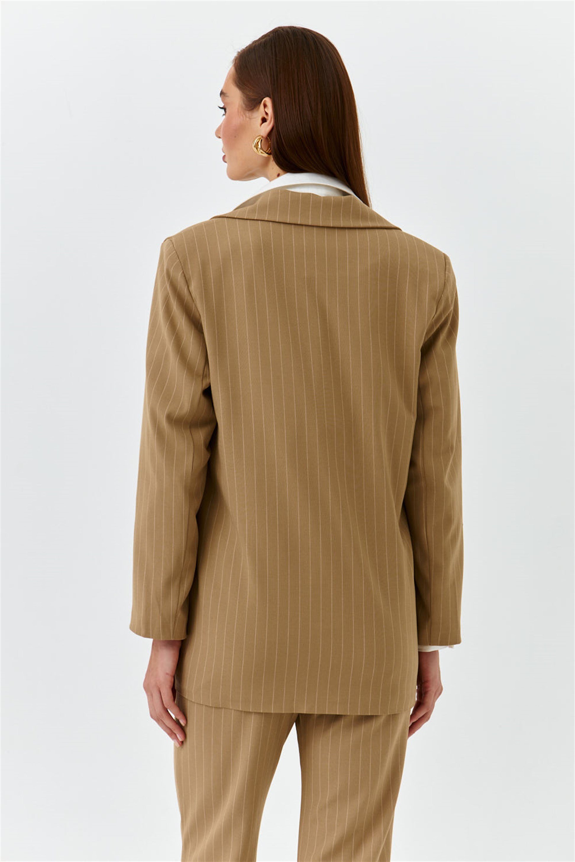 Çizgili Blazer Ceket Pantolon Bej Kadın Takım | Tuba Butik