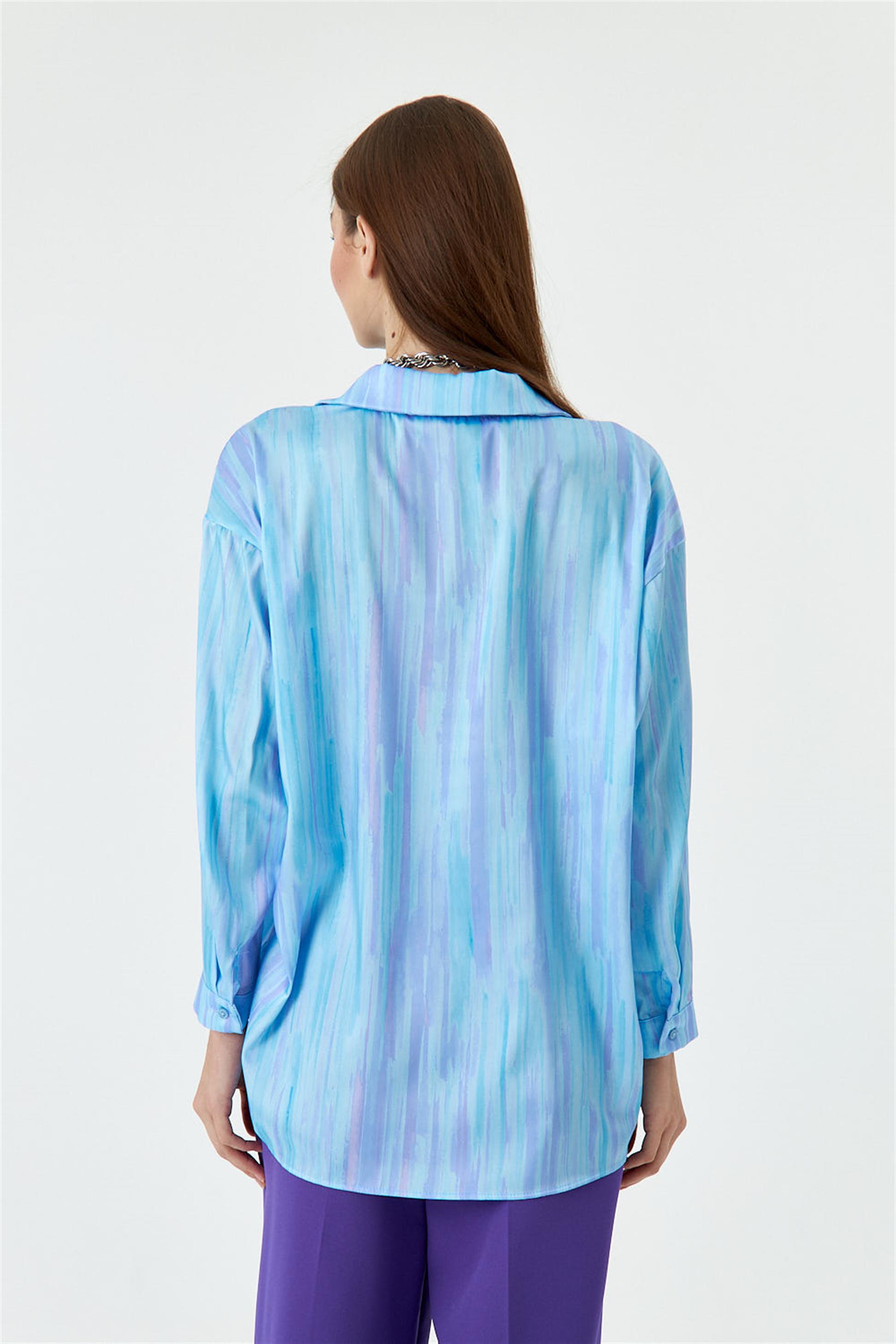 Desenli Saten Mavi Kadın Gömlek | Tuba Butik