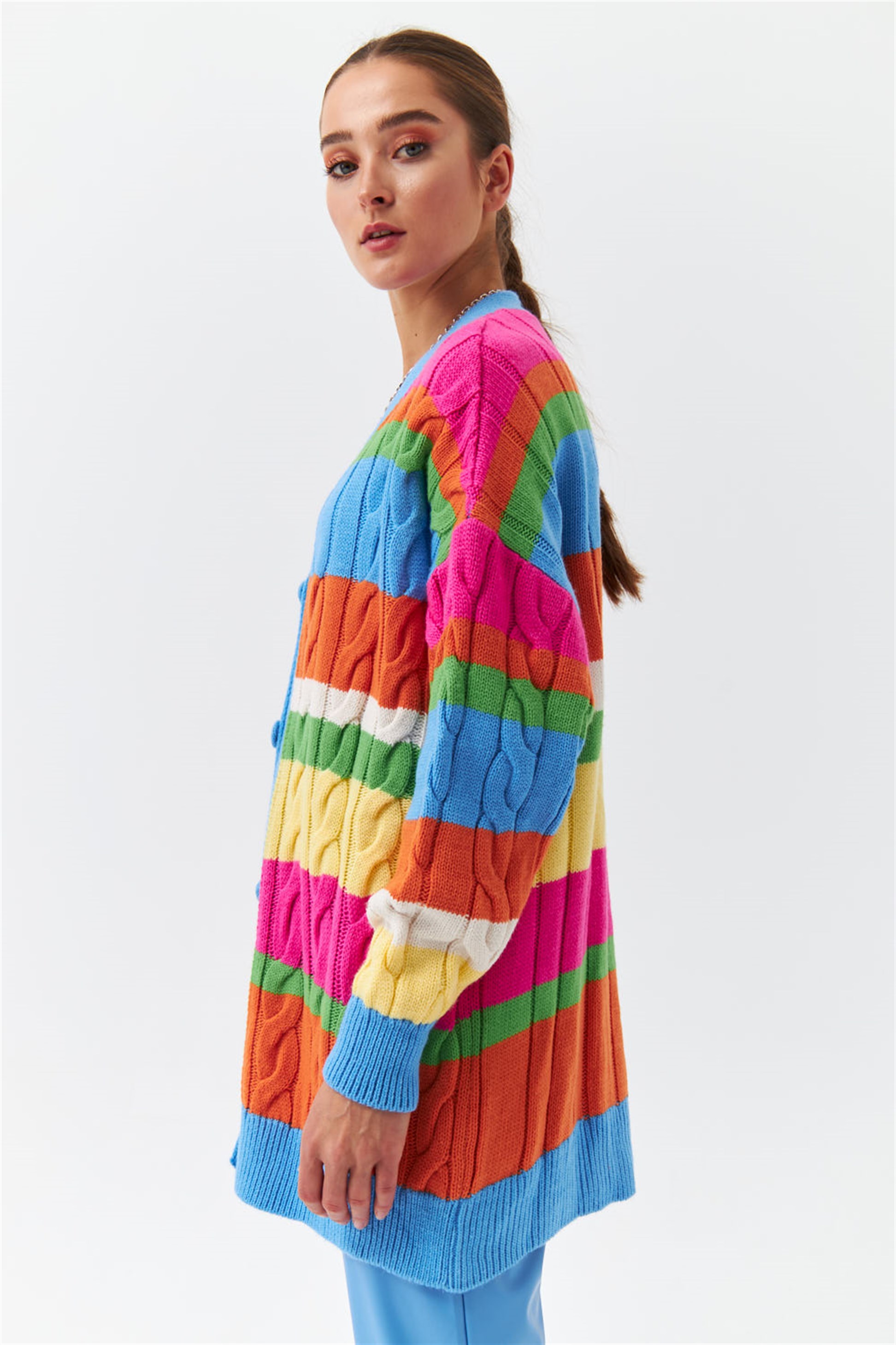 Modest Saç Örgü Triko Mavi Kadın Hırka | Tuba Butik