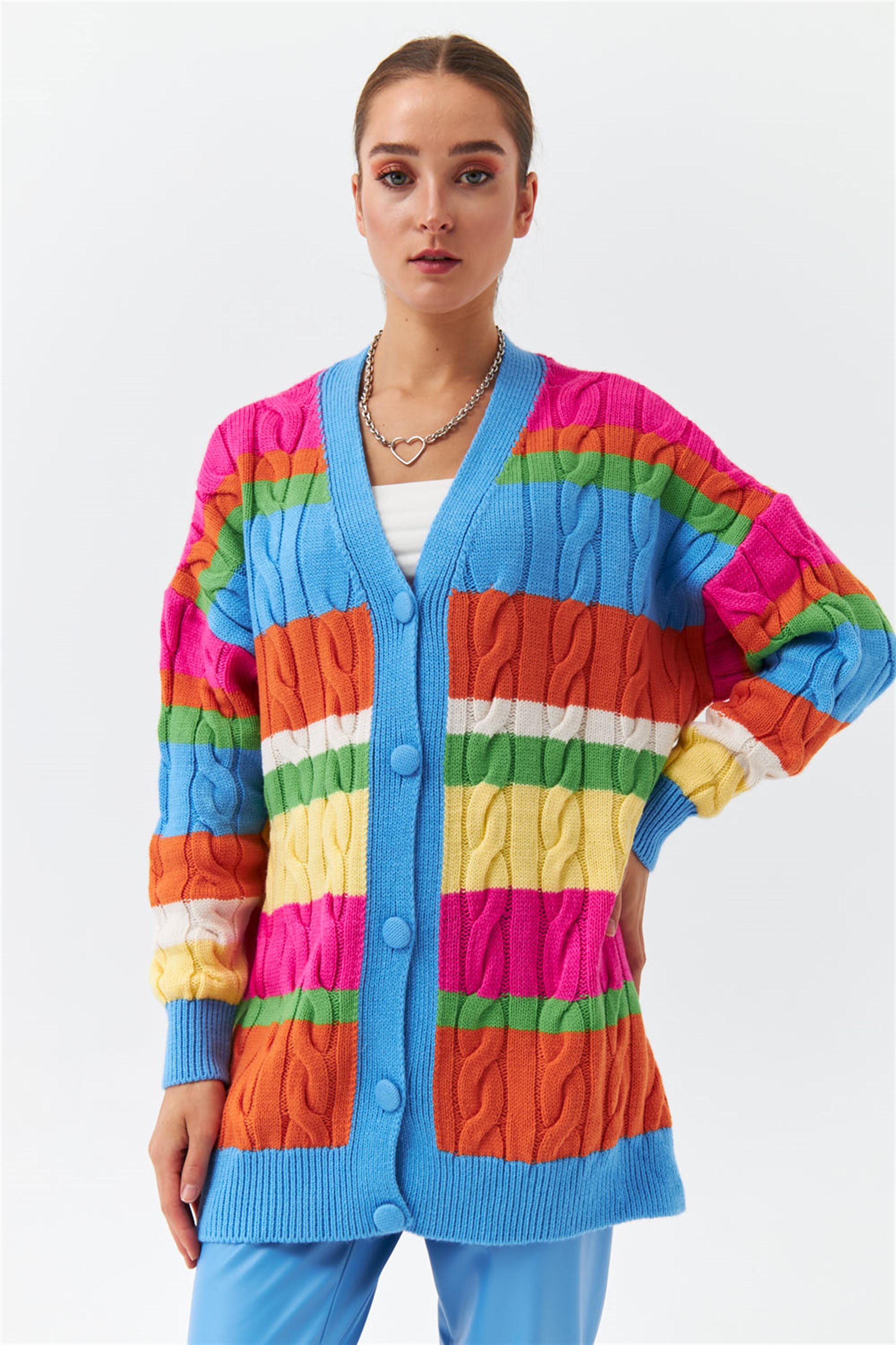 Modest Saç Örgü Triko Mavi Kadın Hırka | Tuba Butik