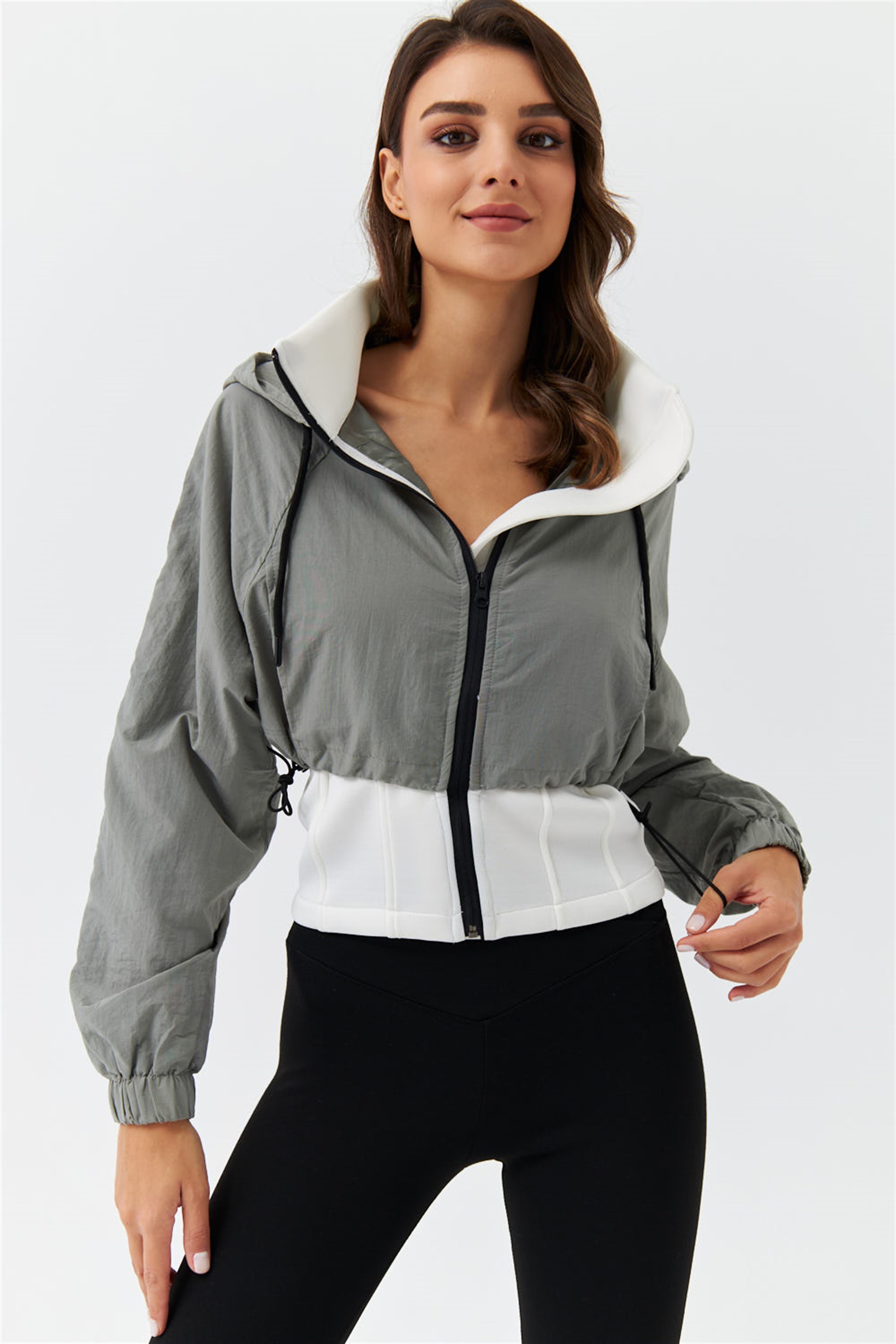 Paraşüt Kapişonlu İnce Gri Kadın Ceket | Tuba Butik