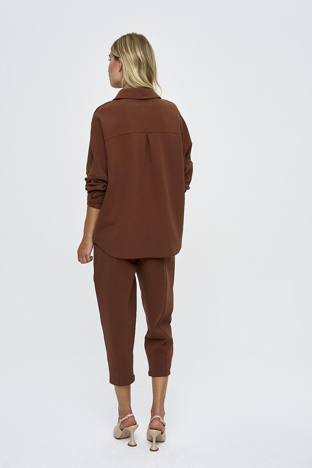 Kahverengi Scuba Gömlek Pantolon Kadın Takım - Tuba Butik