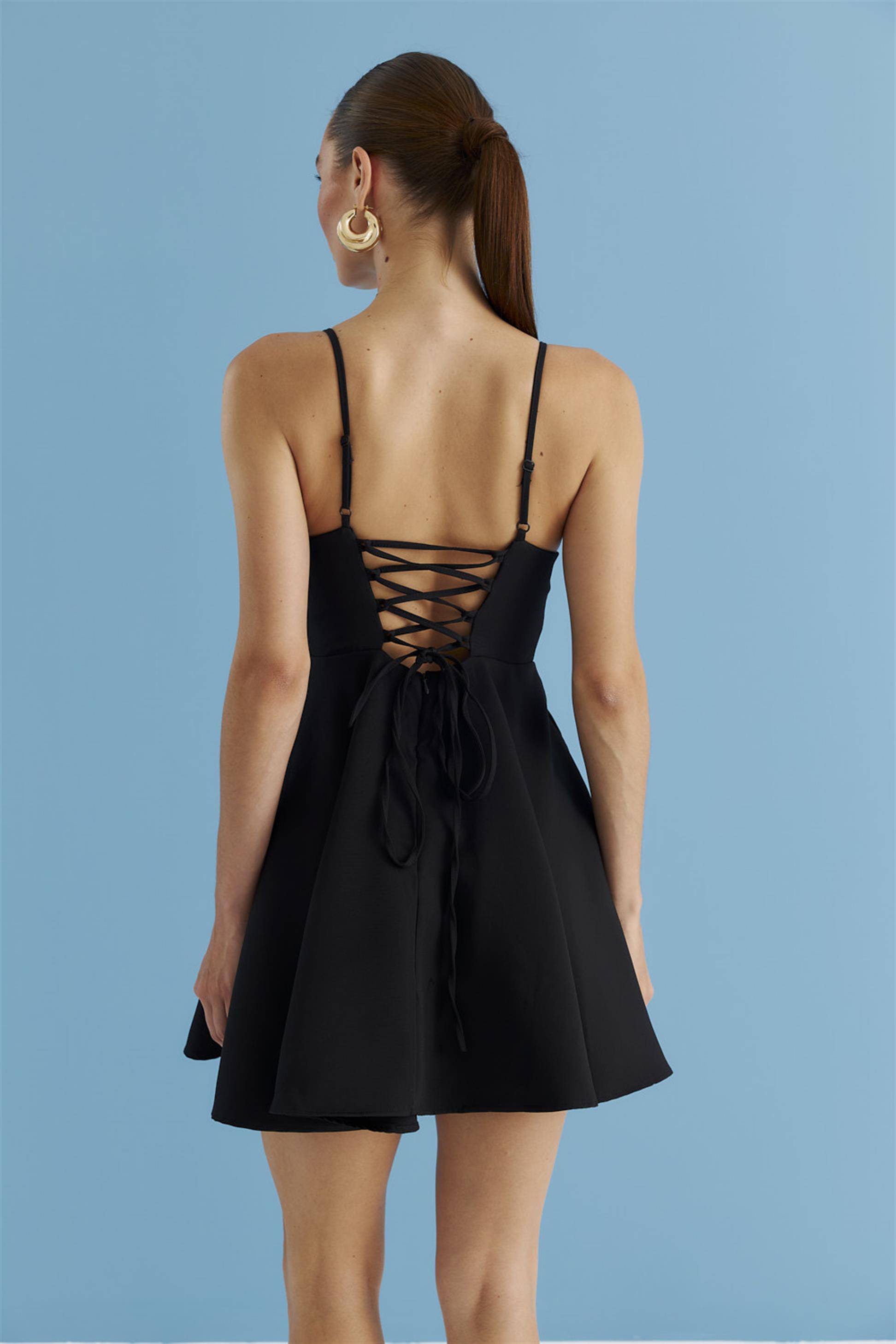 Sırt Detaylı Askılı Siyah Mini Elbise | Tuba Butik