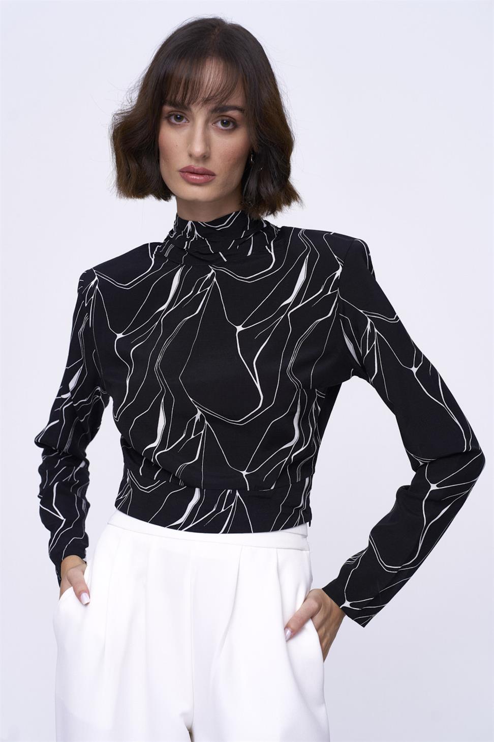 Dik Yaka Desenli Siyah Kadın Bluz | Tuba Butik