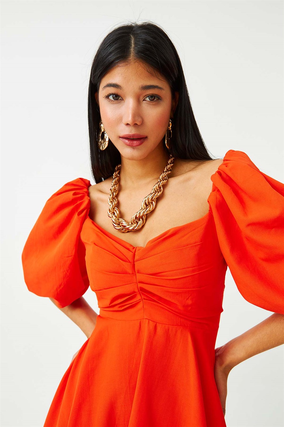 Balon Kol Mini Turuncu Elbise | Tuba Butik