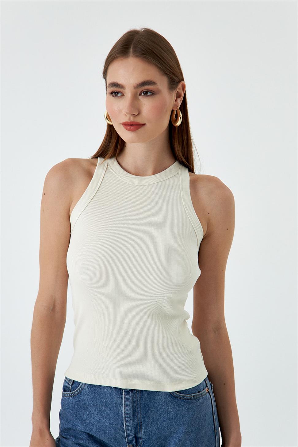 Ekru Halter Yaka Fitilli Atlet - Tuba Butik